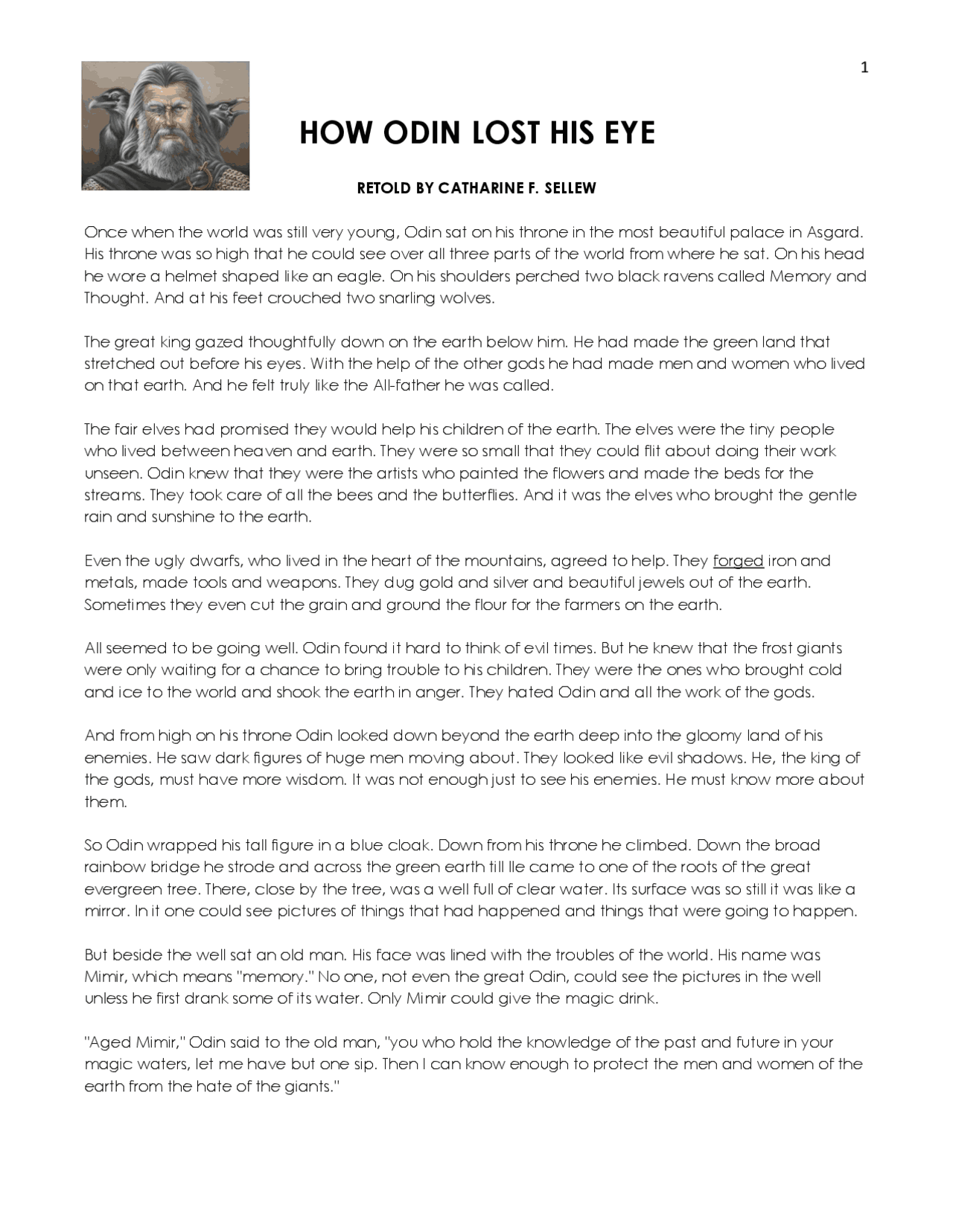 HOW ODIN LOST HIS EYE | Schemes and Mind Maps English Literature | Docsity