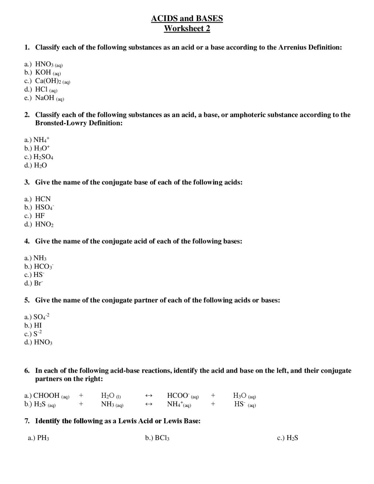 Acids And Bases Worksheet 2 Lecture Notes Chemistry Docsity