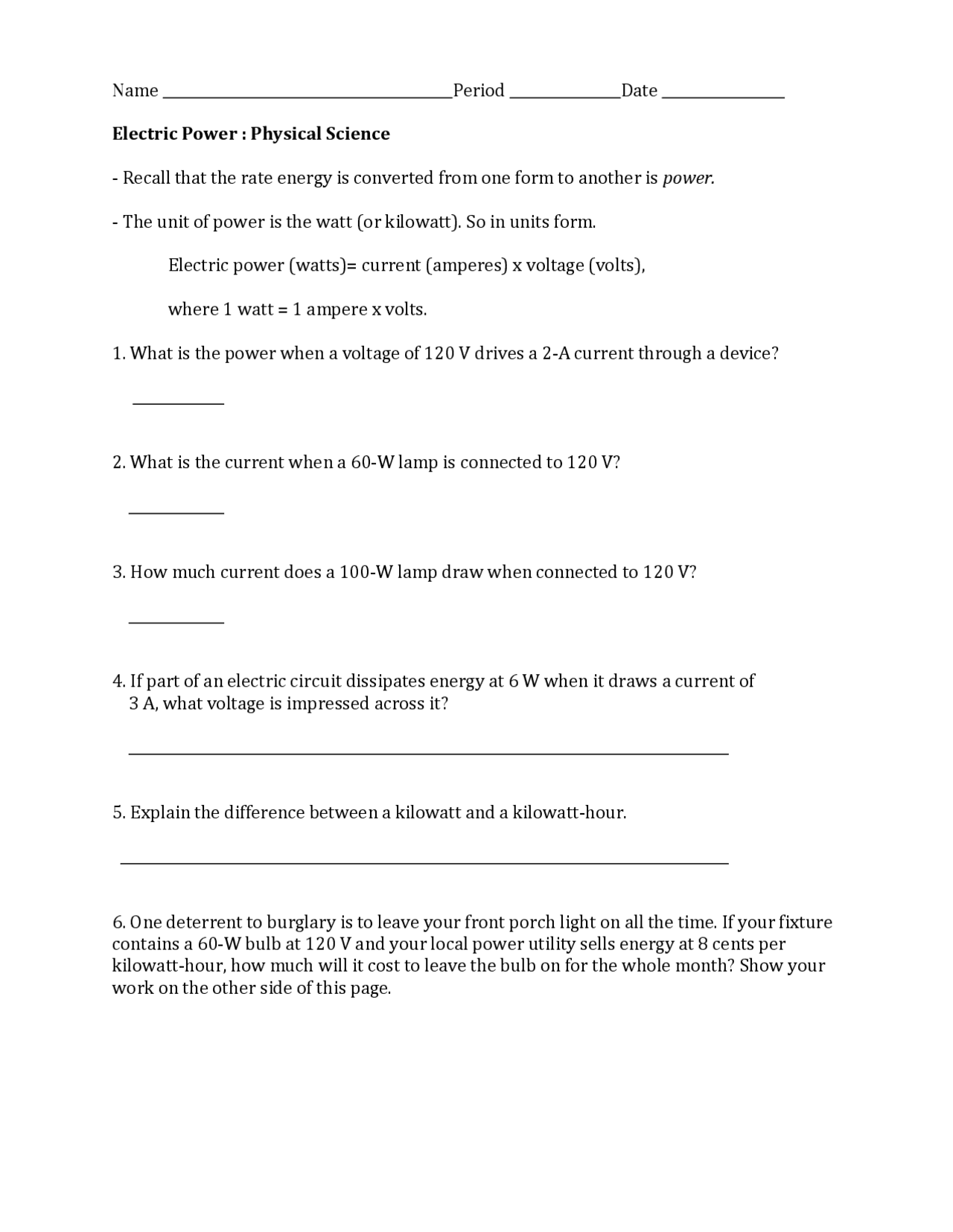 Electric Power Worksheet Lecture Notes Basic Electronics Docsity