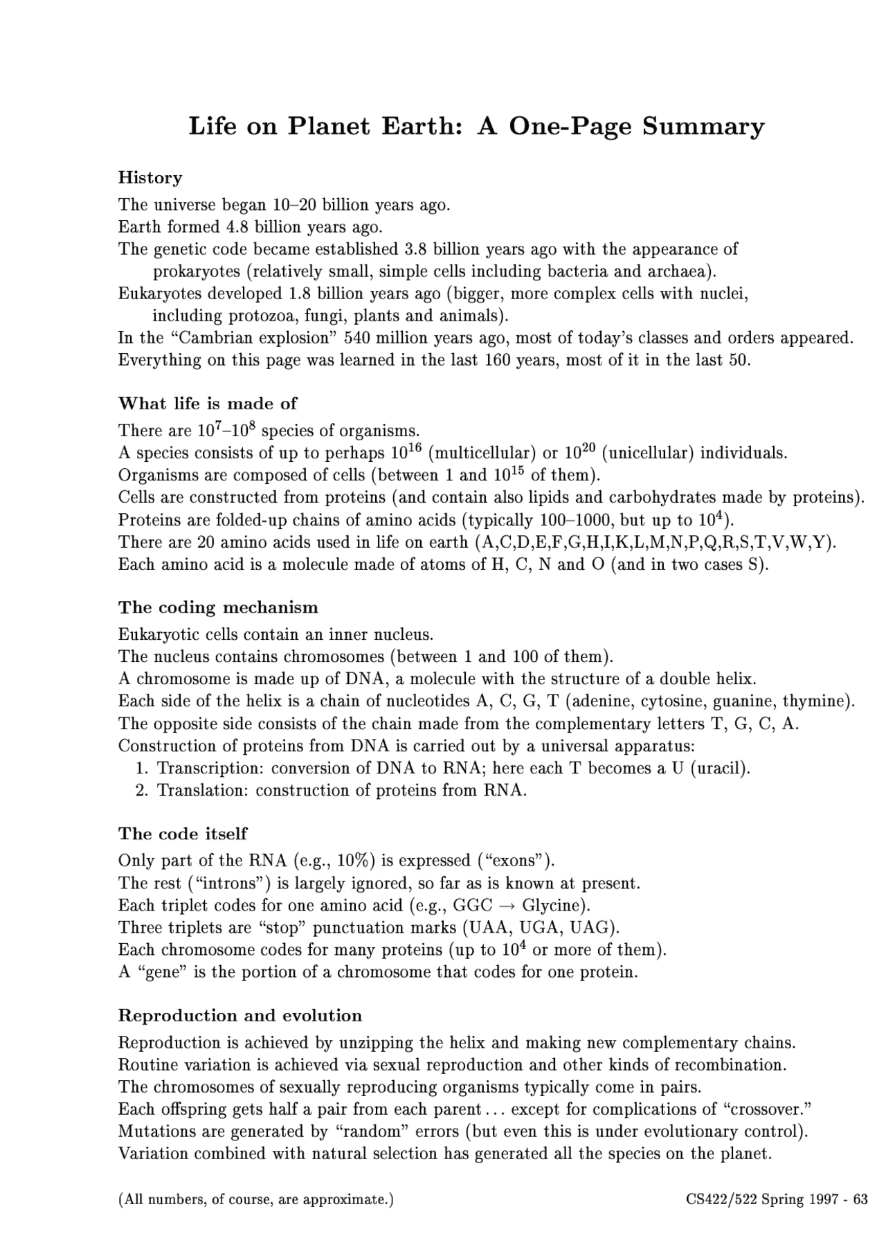 Life on Planet Earth: ( One-Page Summary | Summaries Earth Sciences ...