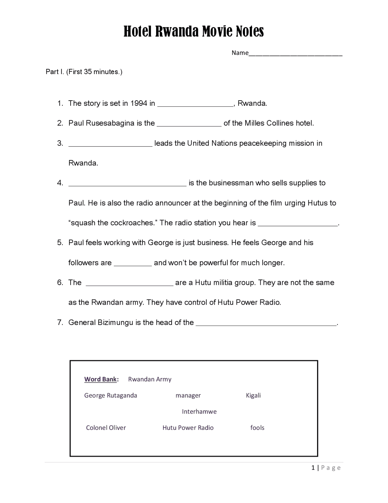 Hotel Rwanda Movie Notes | Exercises Business | Docsity