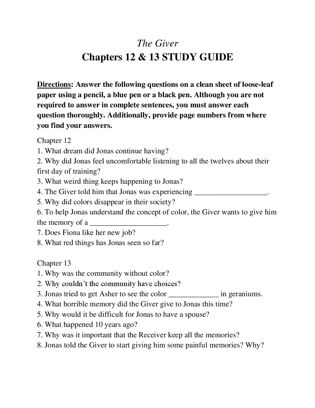 The Giver Chapters 12 & 13 STUDY GUIDE | Study notes English Literature ...