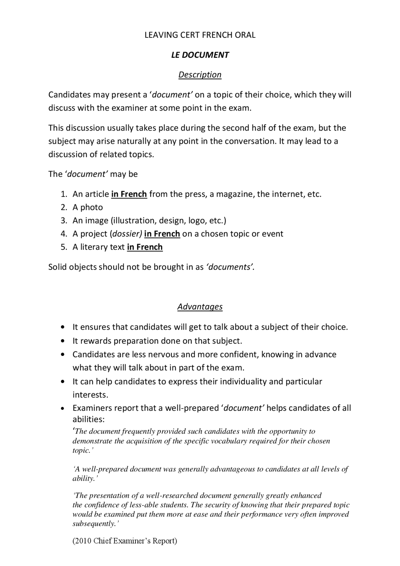 Leaving Cert French Oral Le Document Description Lecture Notes