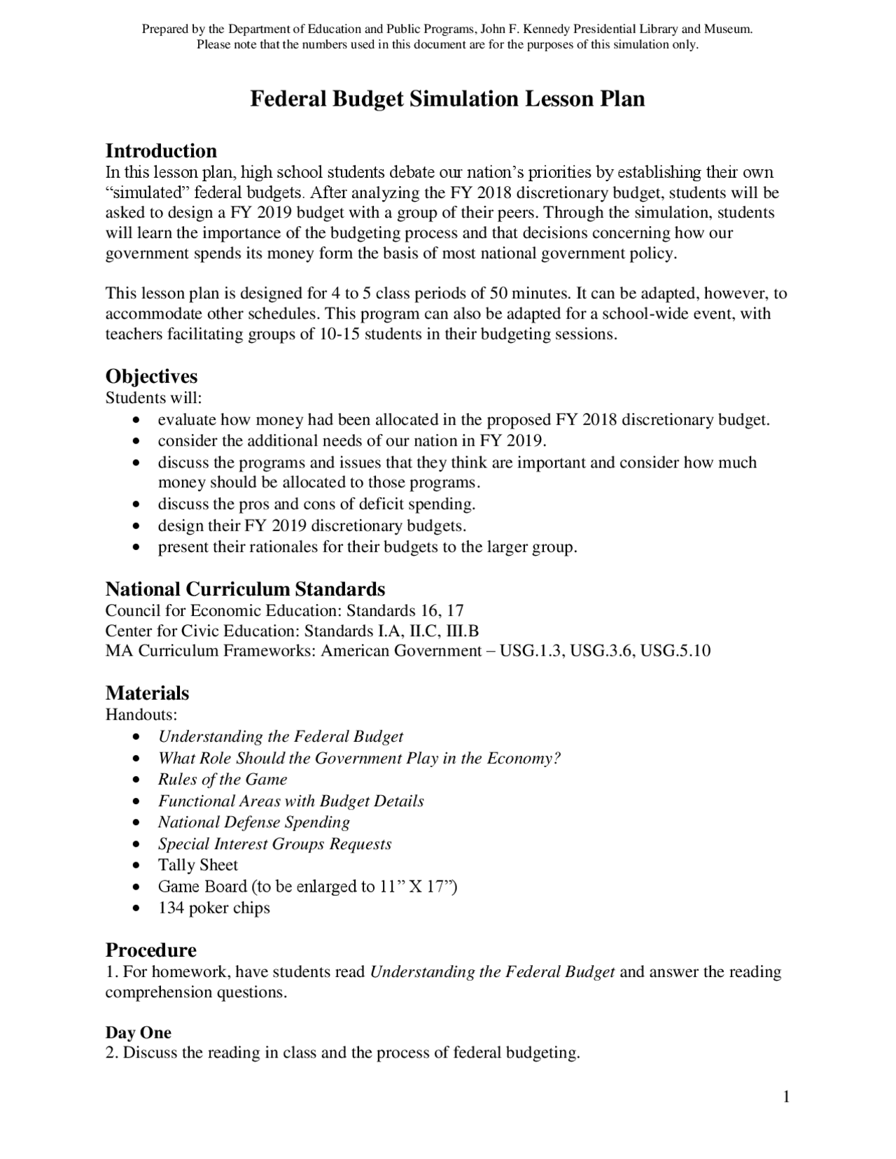 Federal Budget Simulation Lesson Plan | Schemes and Mind Maps Law | Docsity