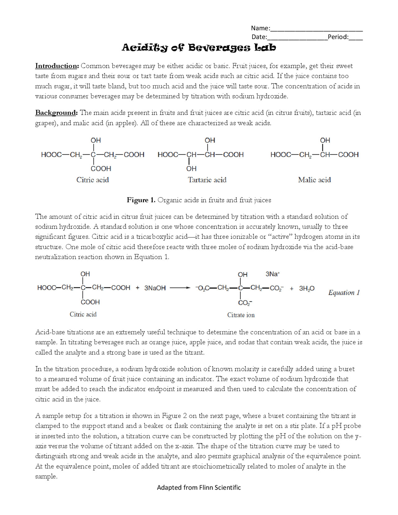 Acidity Of Beverages Lab Summaries Design Docsity