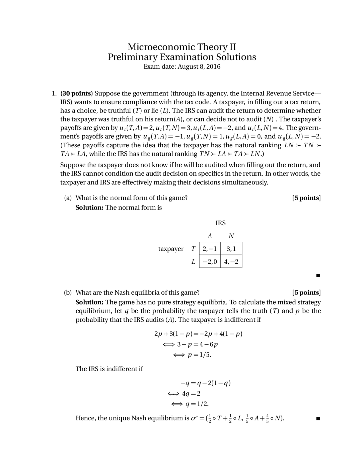 Microeconomic Theory II Preliminary Examination Solutions | Study notes ...