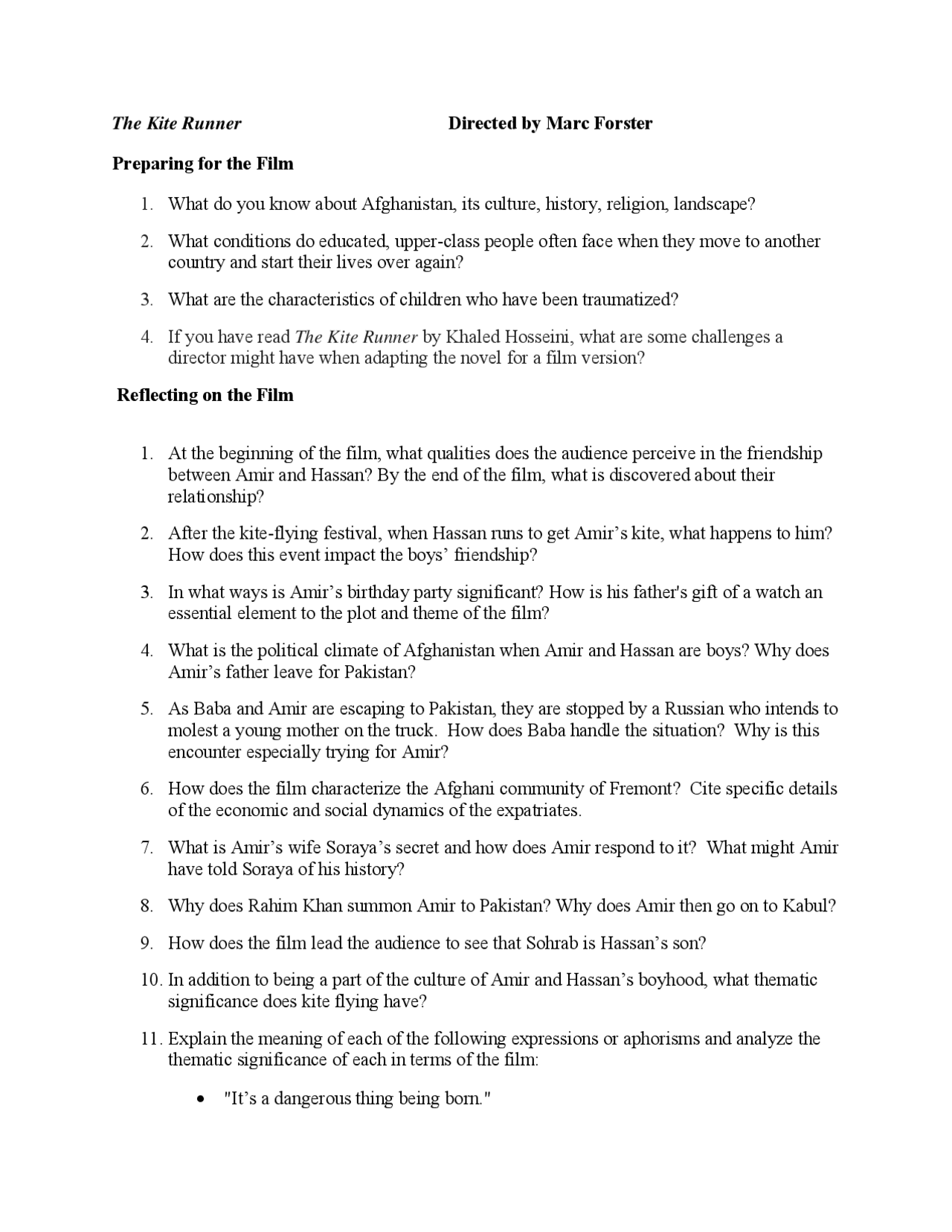 The Kite Runner Directed by Marc Forster Preparing for the Film | Study ...