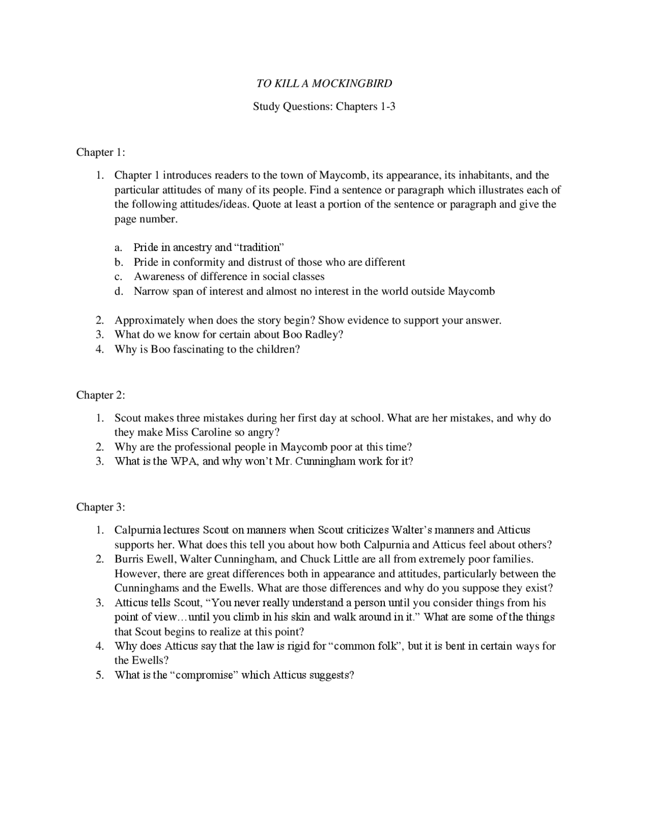 TO KILL A MOCKINGBIRD Study Questions: Chapters 1-3 ... | Lecture notes ...