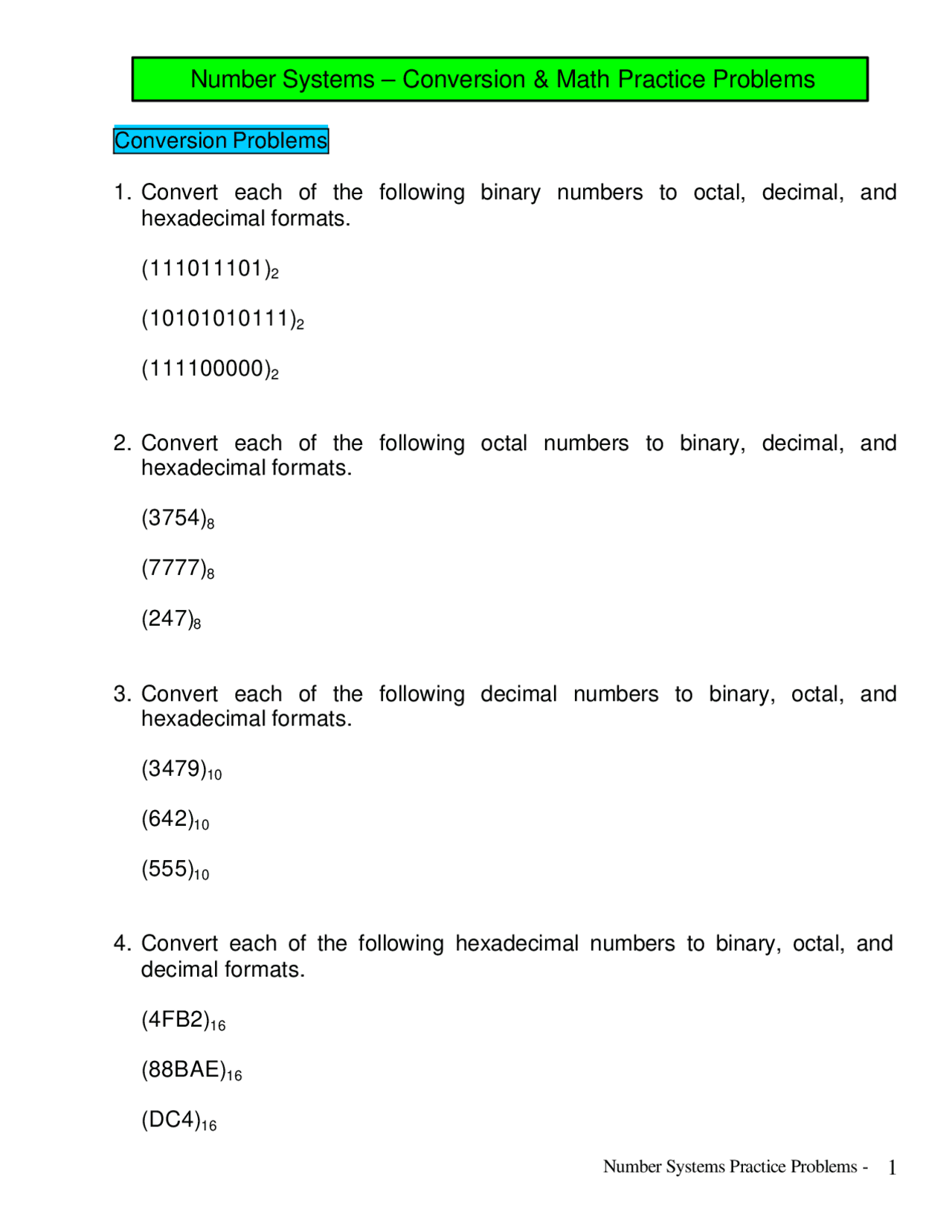 Number Systems Conversion And Math Practice Problems Lecture Notes