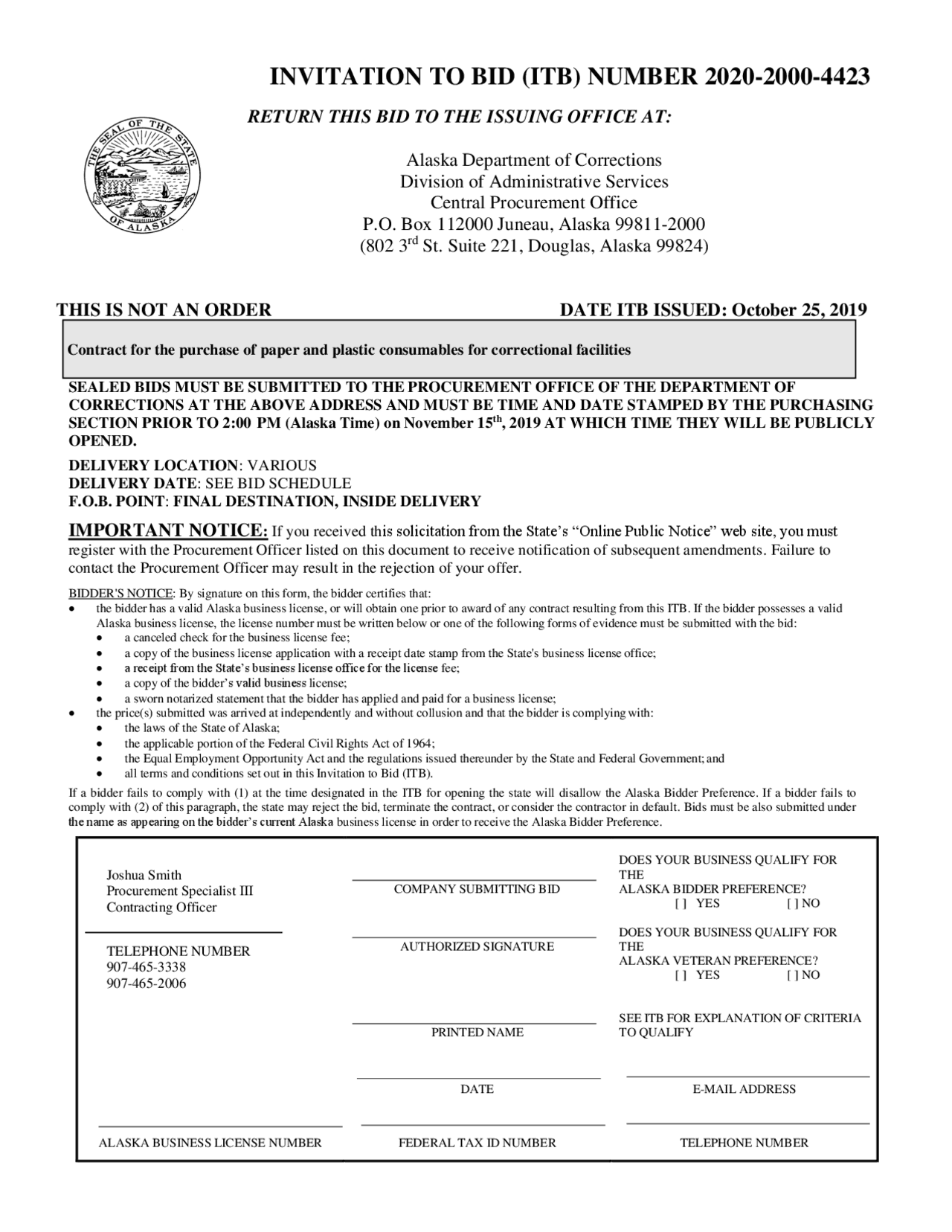 Alaska Corrections ITB: Bidder Requirements for Paper and Plastics ...