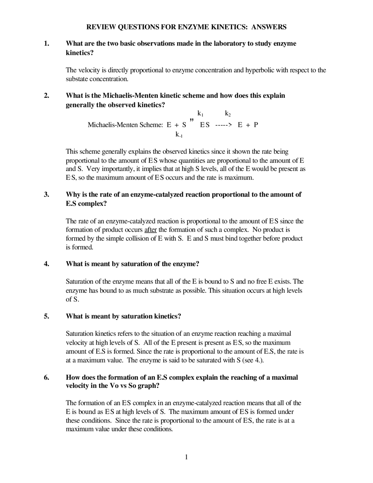 1 Review Questions For Enzyme Kinetics Lecture Notes Biochemistry