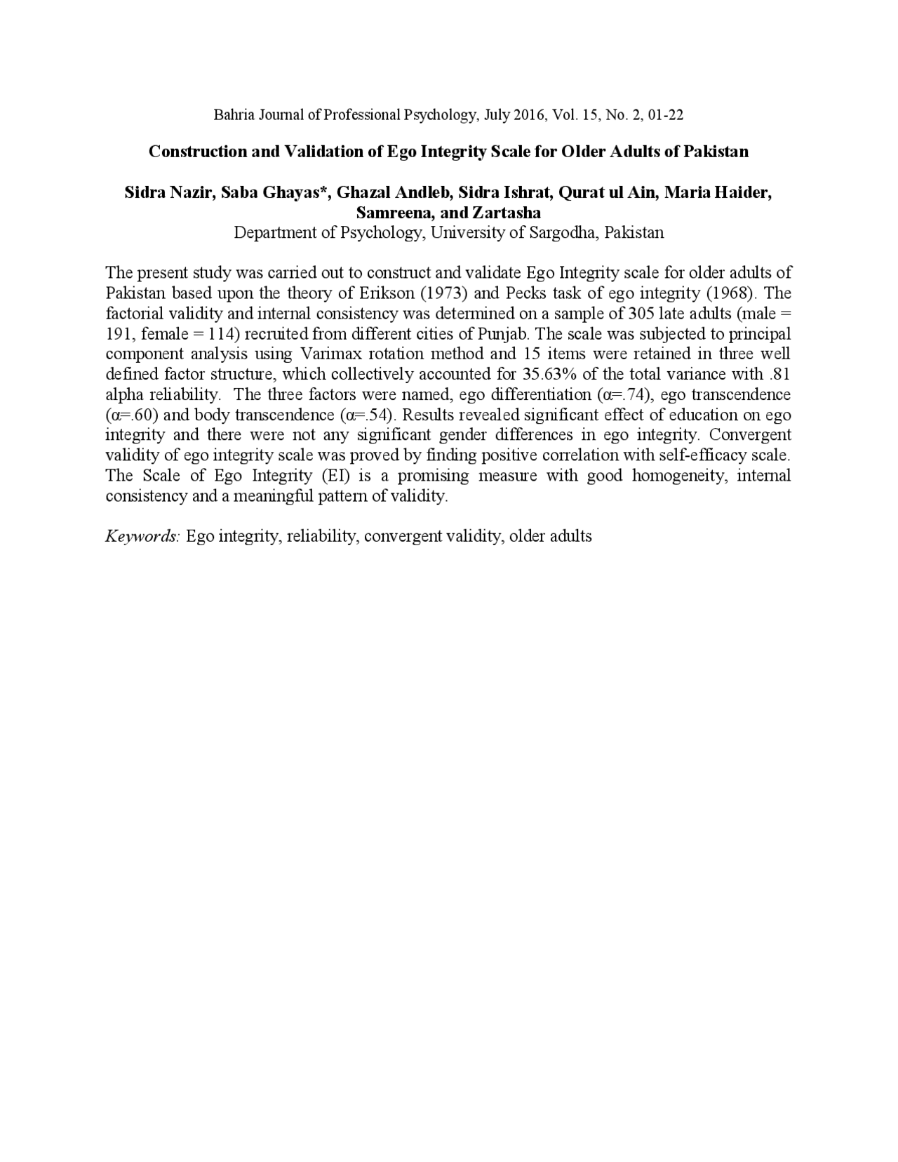 Construction and Validation of Ego Integrity Scale for Older ...
