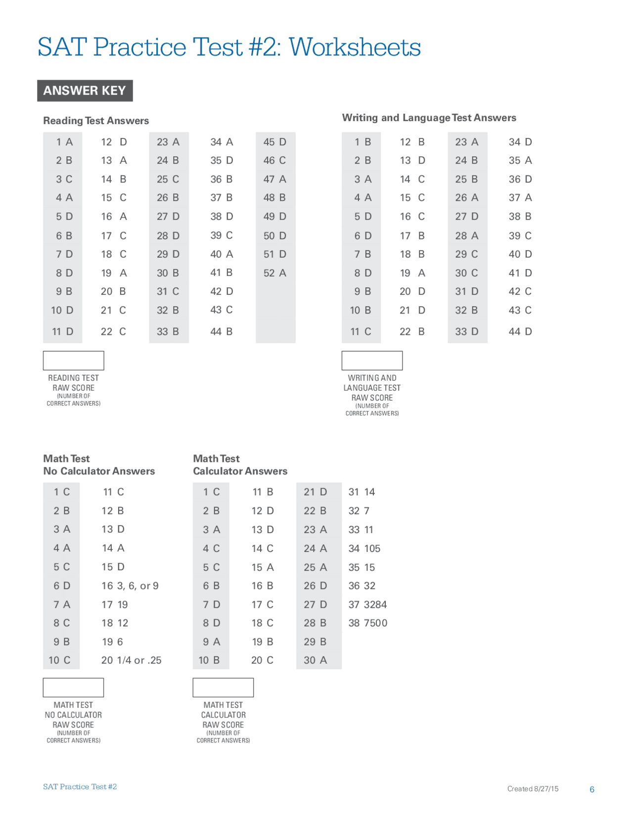 SAT Practice Test #2: Answer Key and Raw Score Conversion Table ...