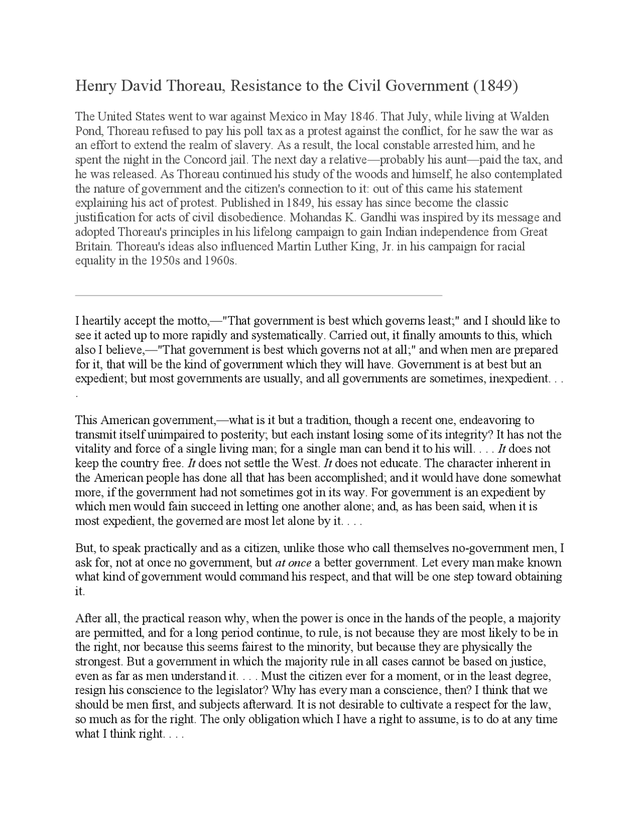 Thoreau's Essay on Civil Disobedience: Resistance to the Civil ...