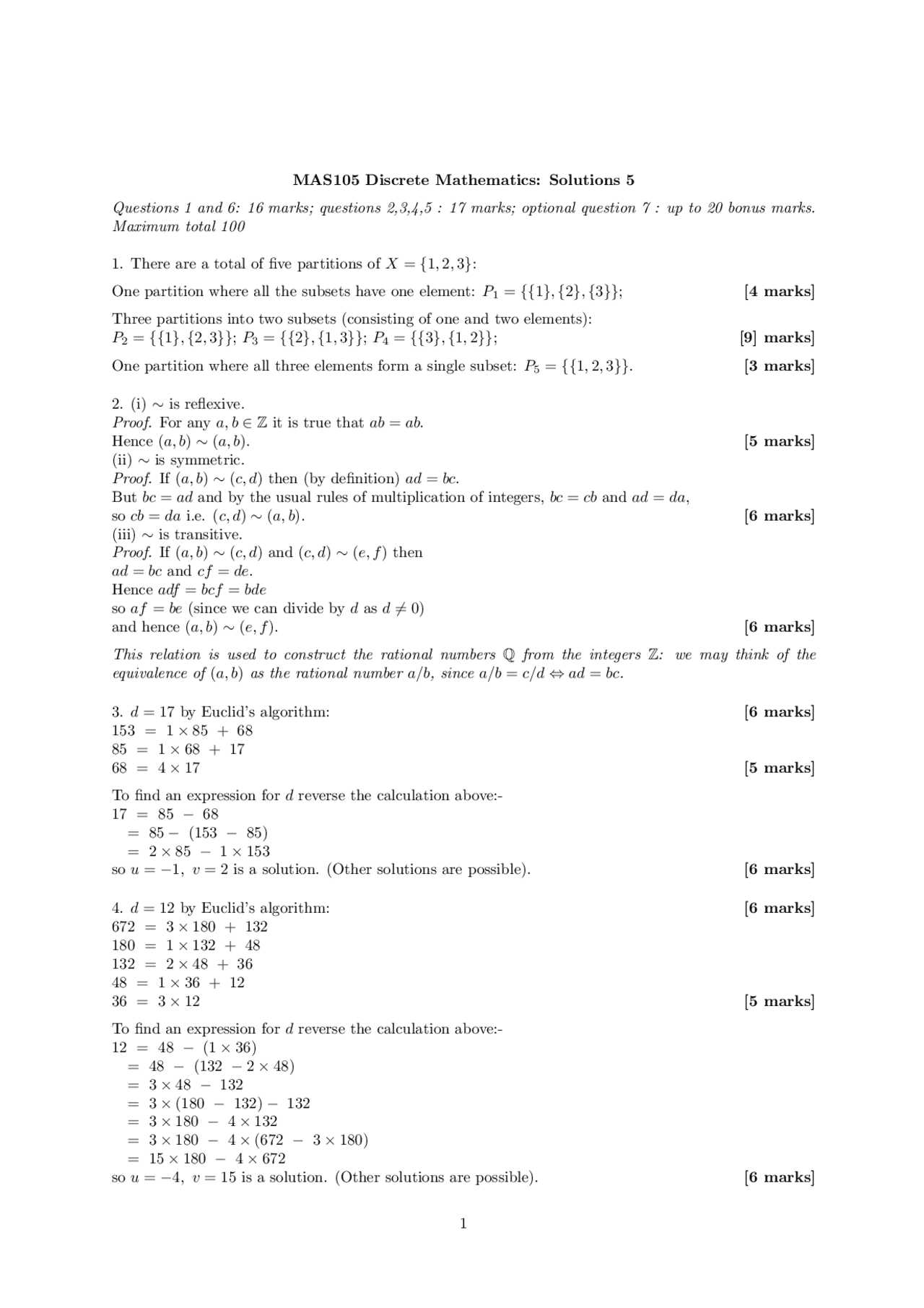 MAS105 Discrete Mathematics: Solutions 5 Questions 1 and 6 | Study ...
