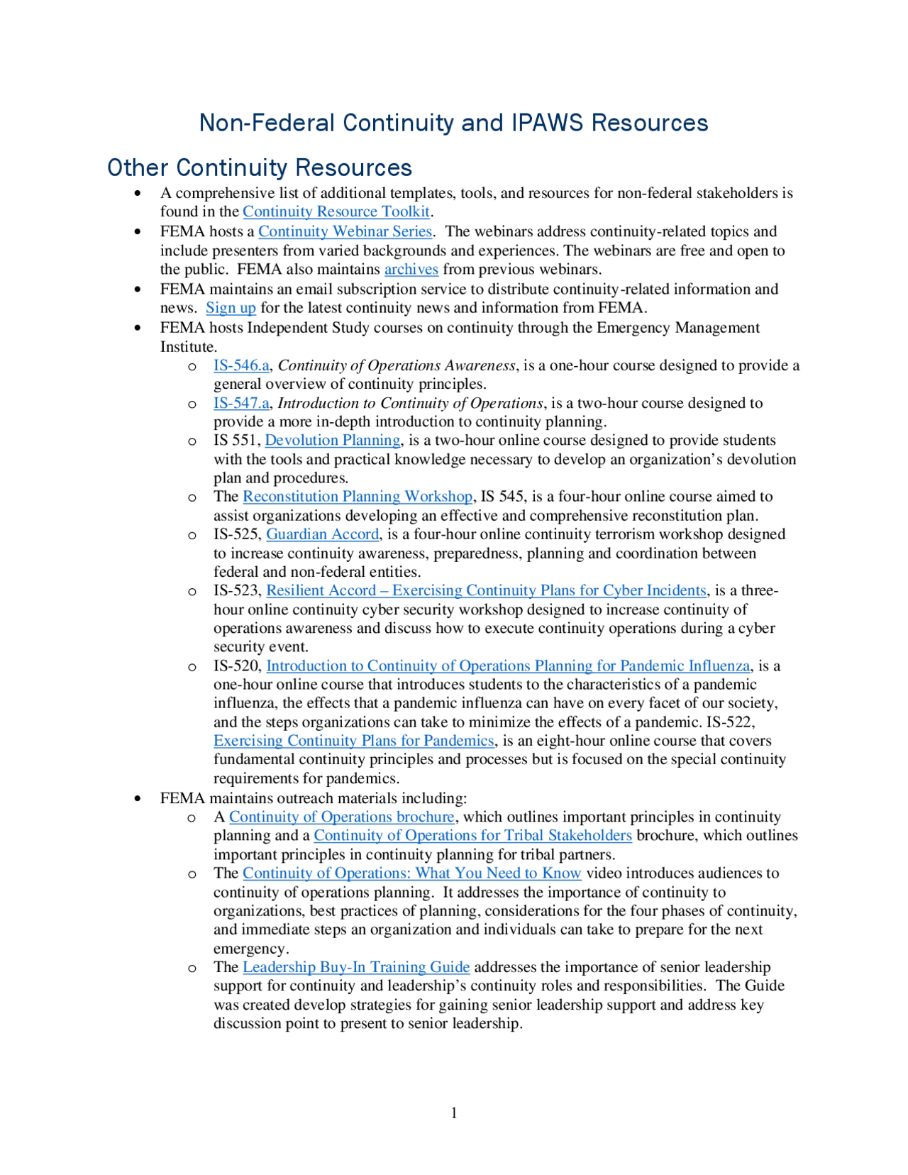 FEMA's Continuity and IPAWS Resources: Courses, Brochures, and Fact ...