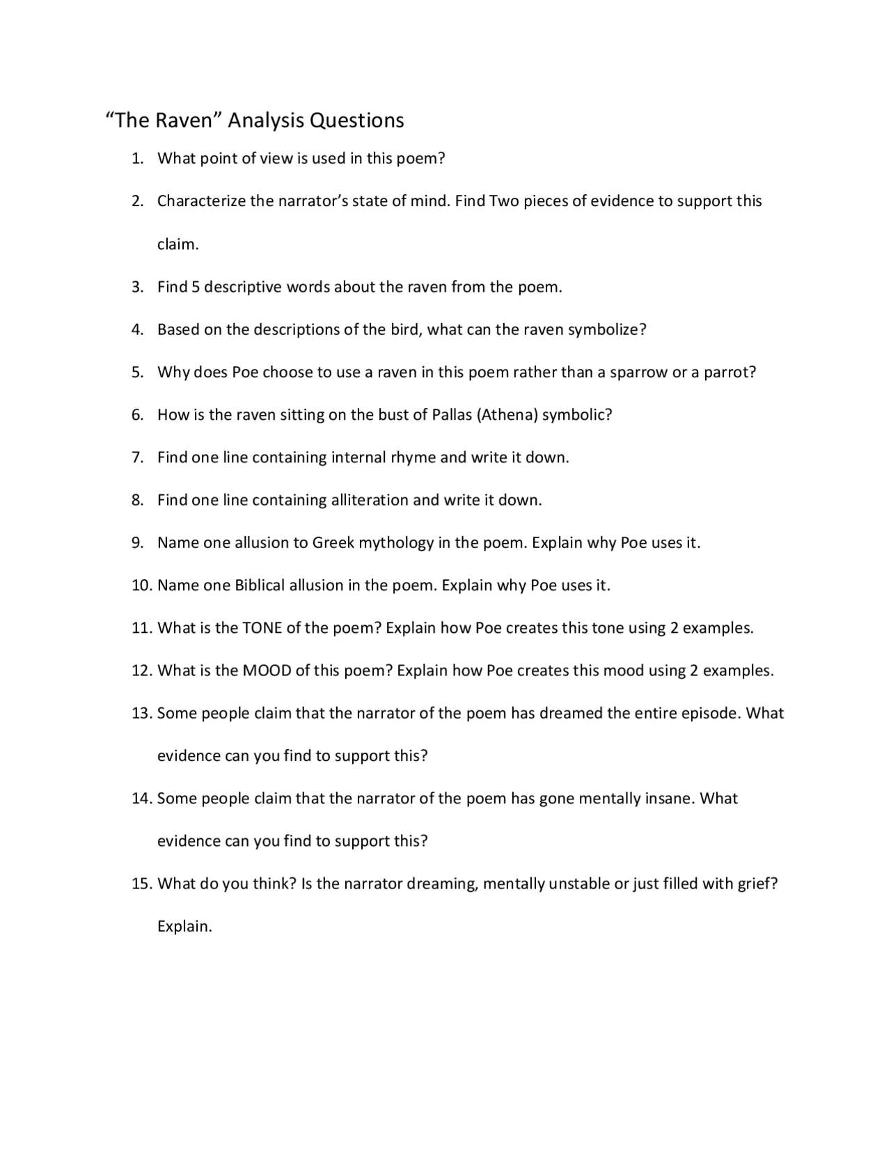 “The Raven” Analysis Questions | Schemes and Mind Maps Poetry | Docsity