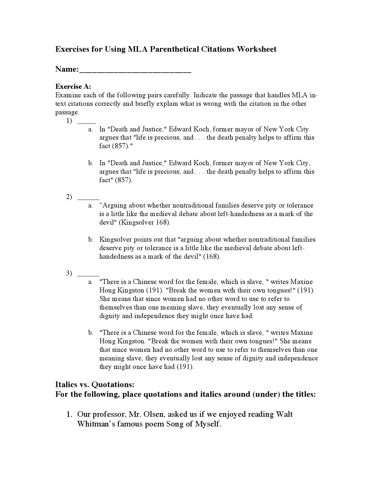 Exercises for Using MLA Parenthetical Citations Worksheet ... | Study ...