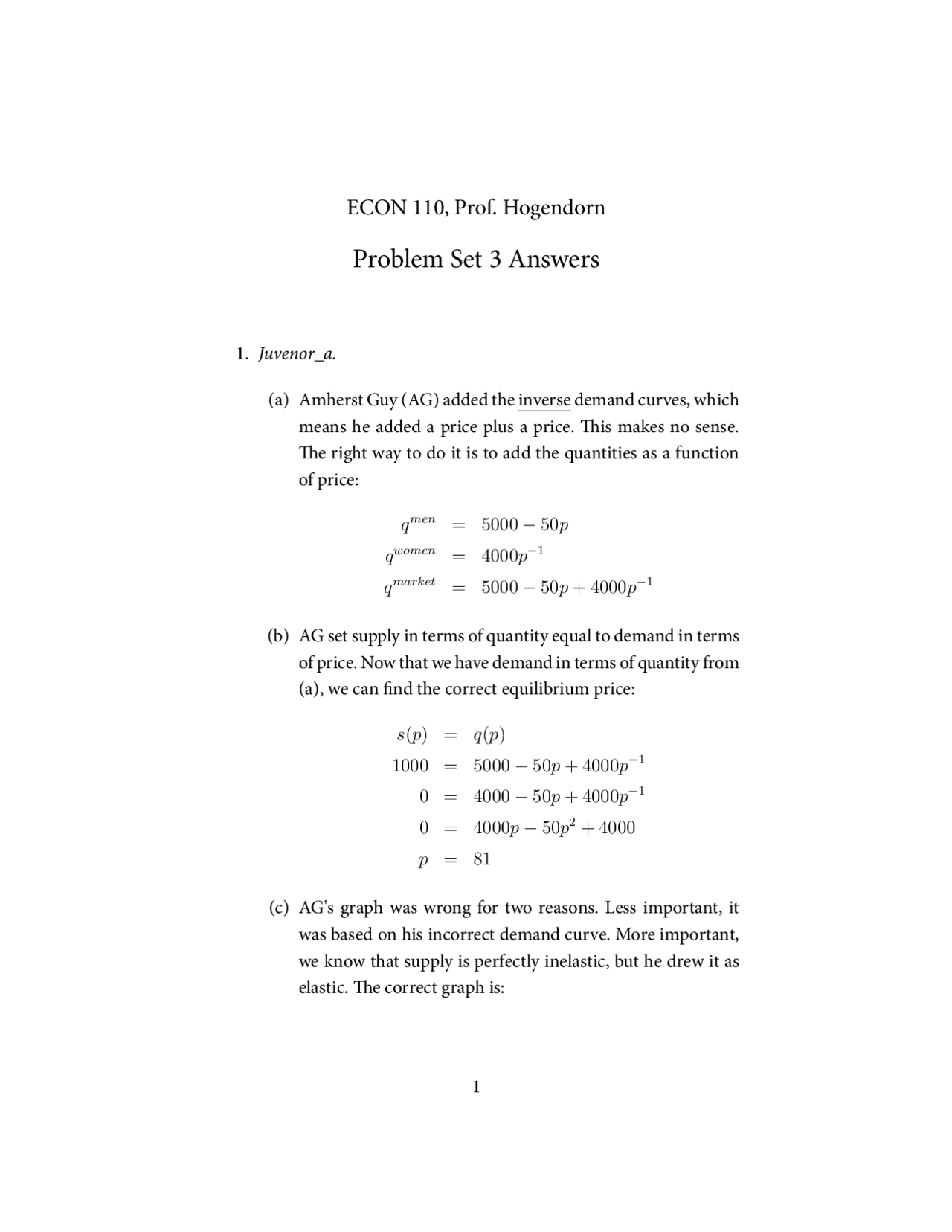 Problem Set 3 Answers for ECON 110: Equilibrium and Elasticity | Exercises Development Economics ...