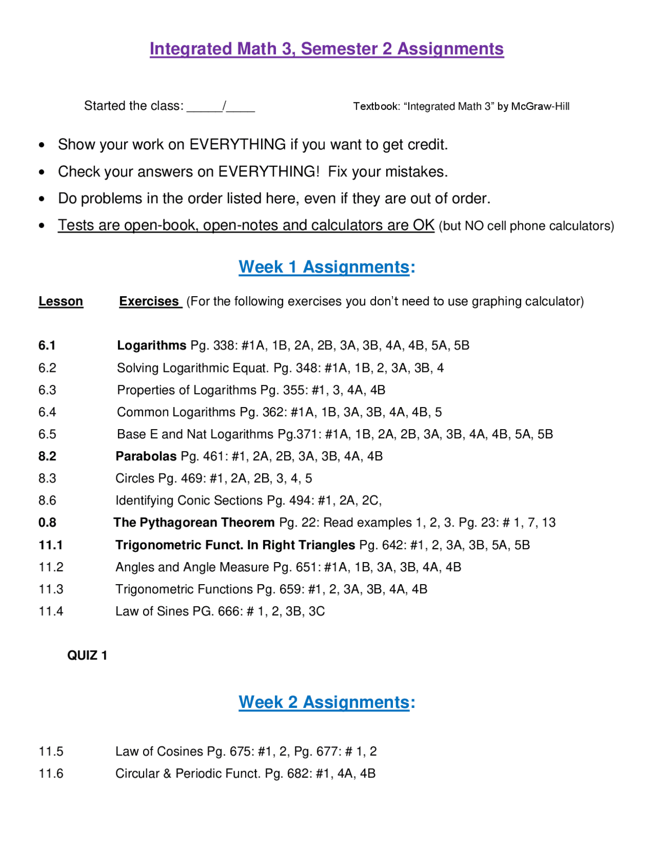 Integrated Math 3, Semester 2 Assignments | Lecture notes Law | Docsity