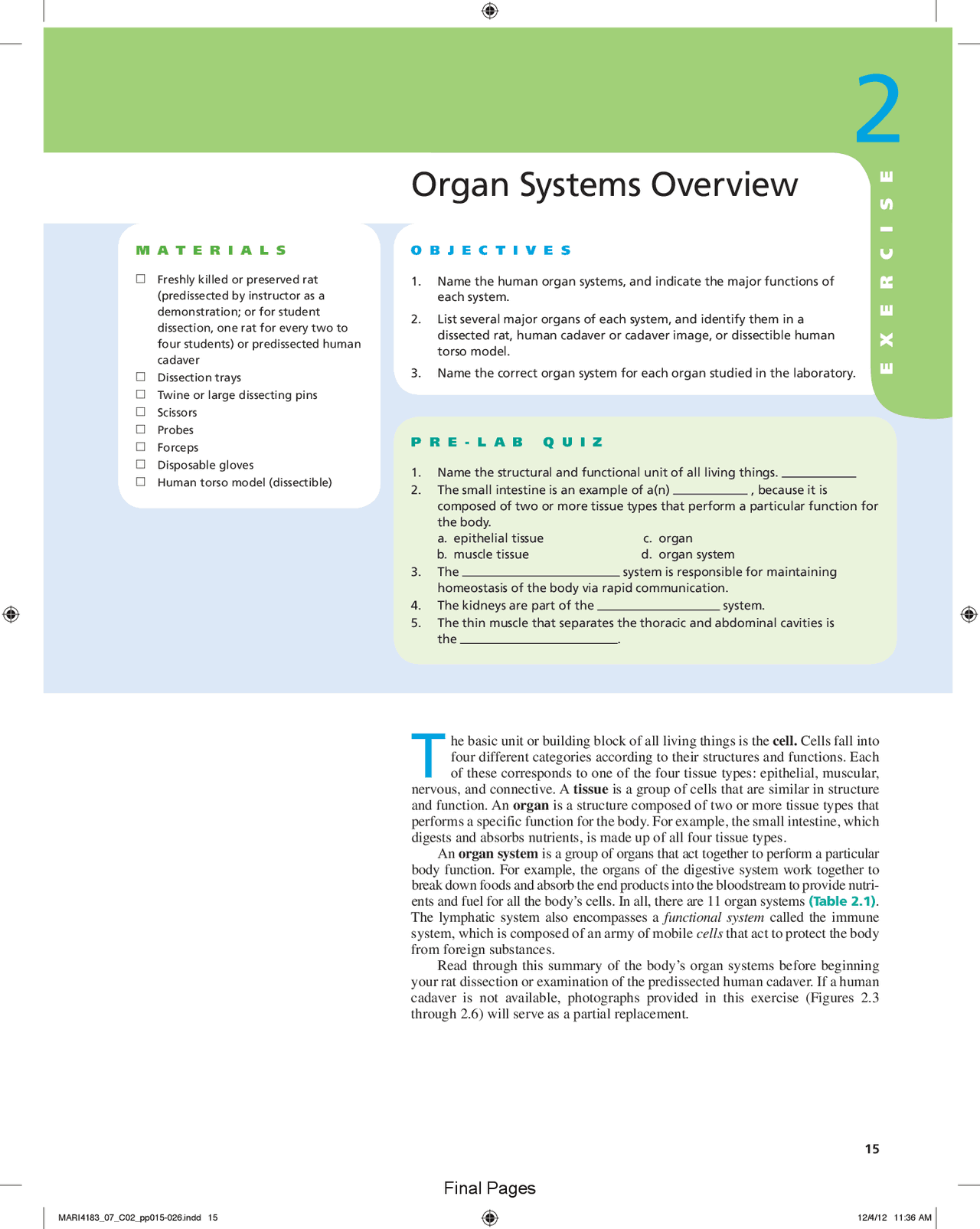Organ Systems Overview | Exercises Communication | Docsity