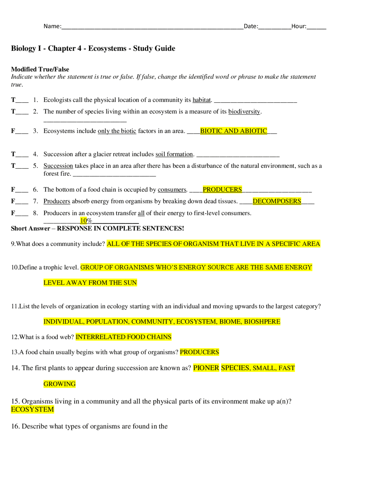 Biology I - Chapter 4 - Ecosystems | Slides Biology - Docsity