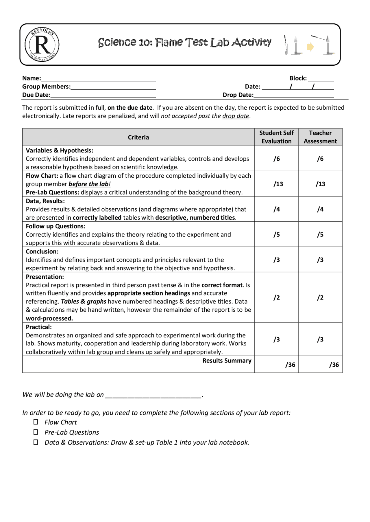 Science 10: Flame Test Lab Activity | Exercises Chemistry | Docsity