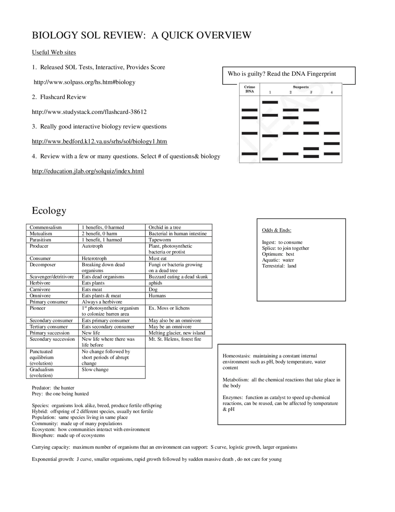 BIOLOGY SOL REVIEW: A QUICK OVERVIEW | Study notes Biology | Docsity