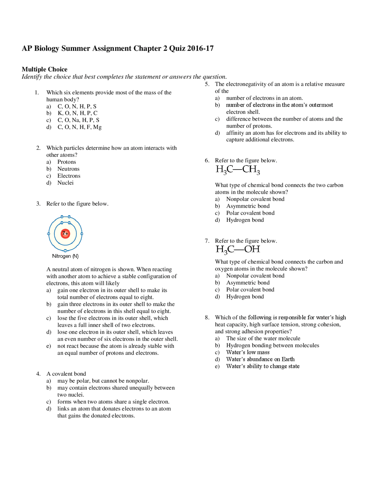 AP Biology Summer Assignment Chapter 2 Quiz 2016-17 | Study notes ...