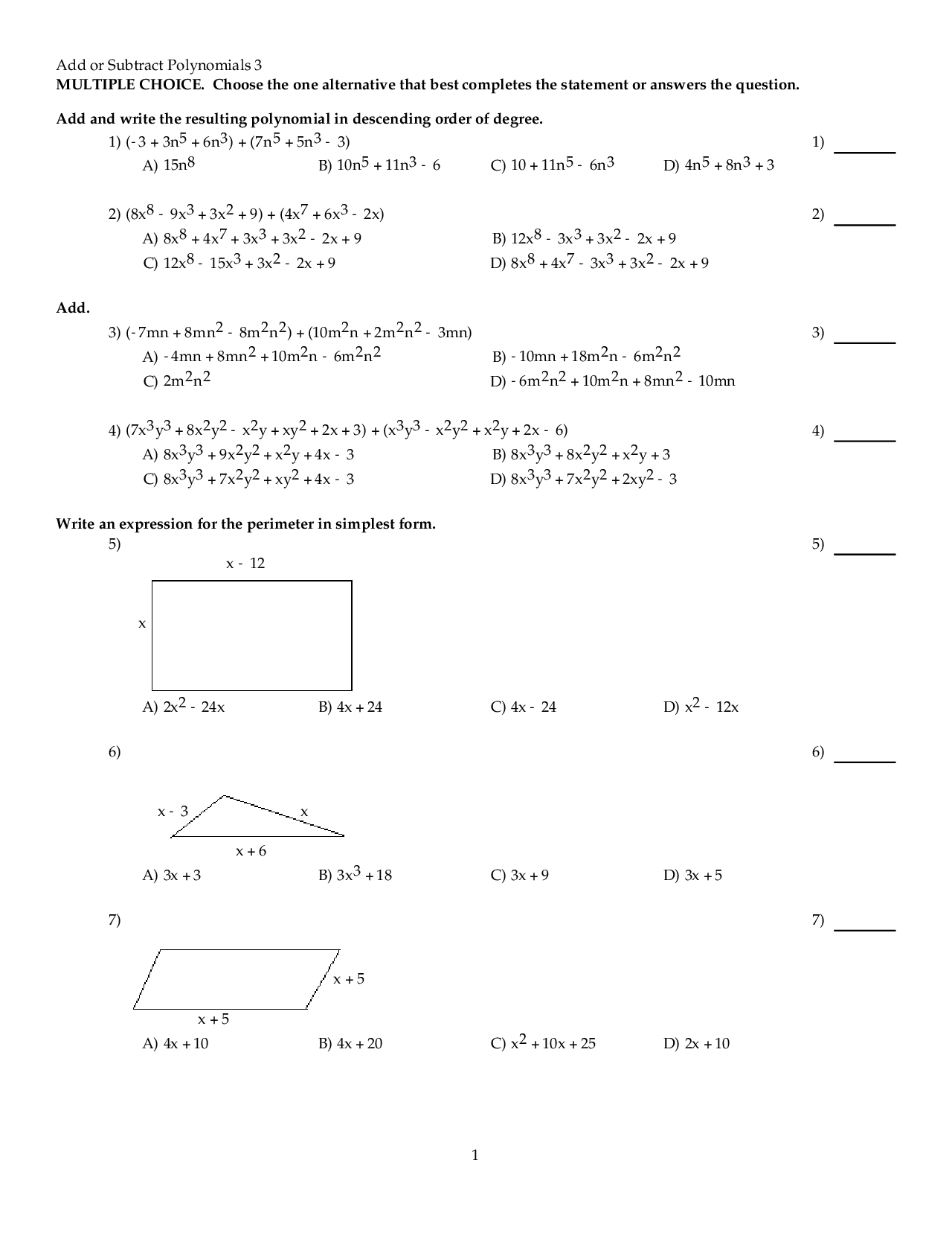 Adding and Subtracting Polynomials Exercise | Lecture notes Algebra ...