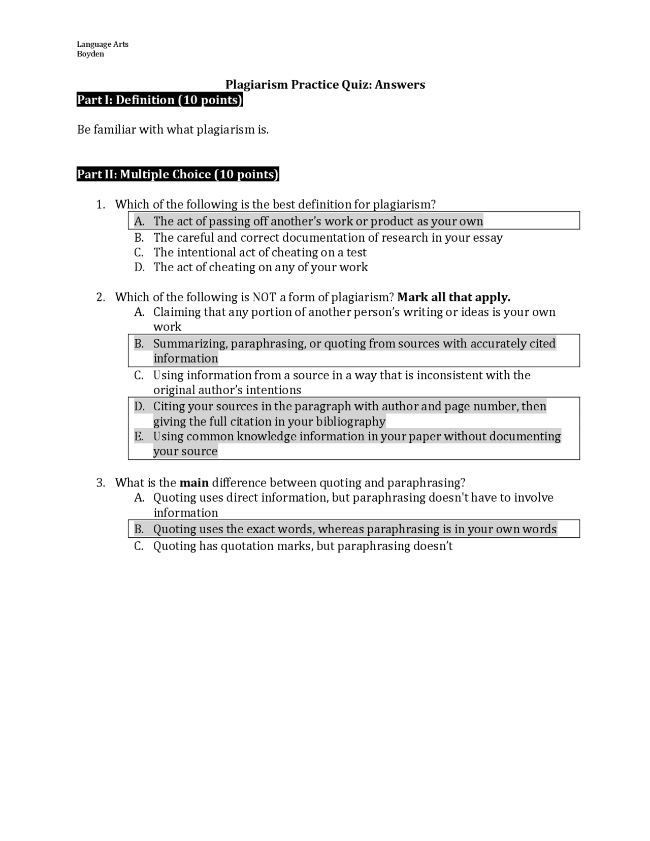 Plagiarism Practice Quiz: Answers Part I: Definition (10 points ...