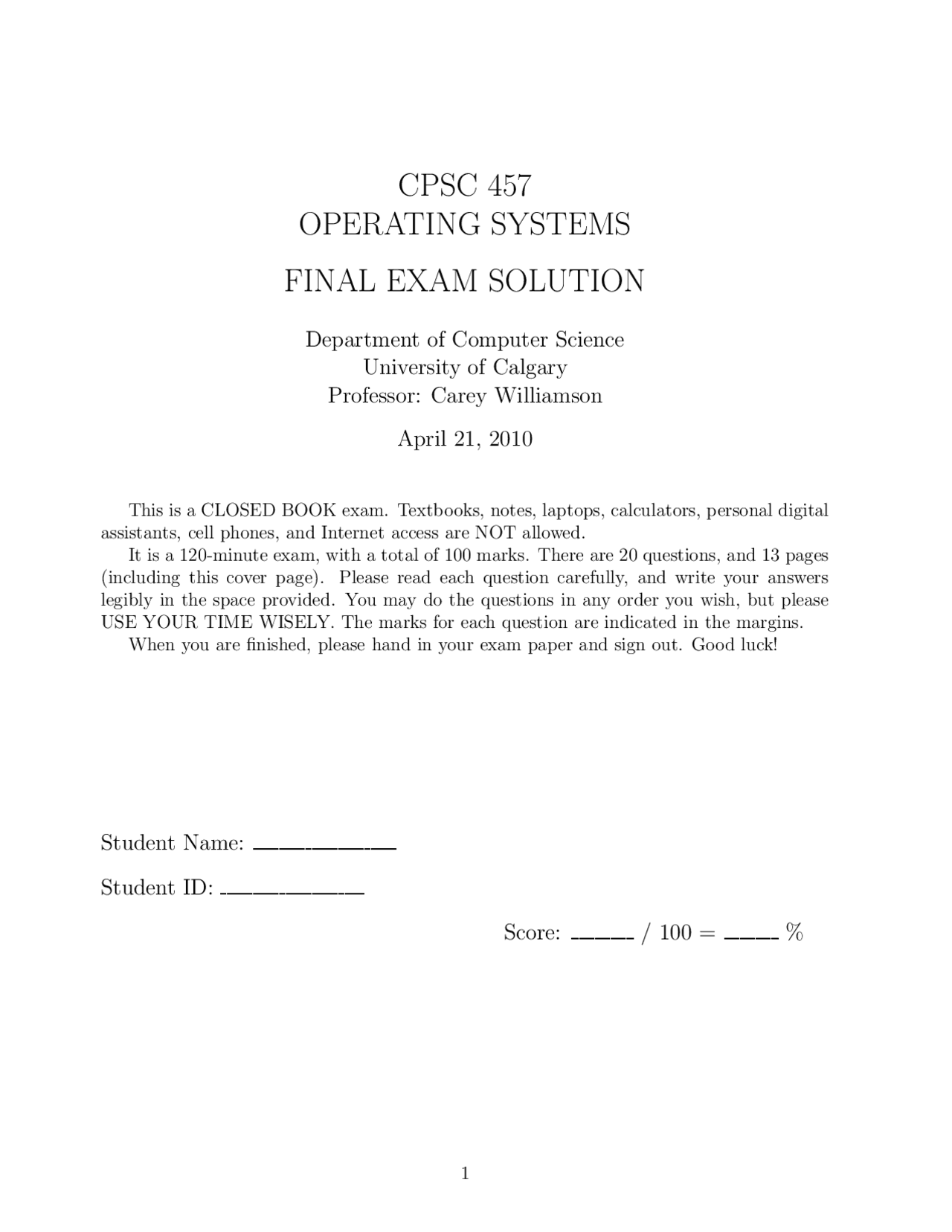 Cpsc 457 Operating Systems Final Exam Solution Lecture Notes Operating Systems Docsity