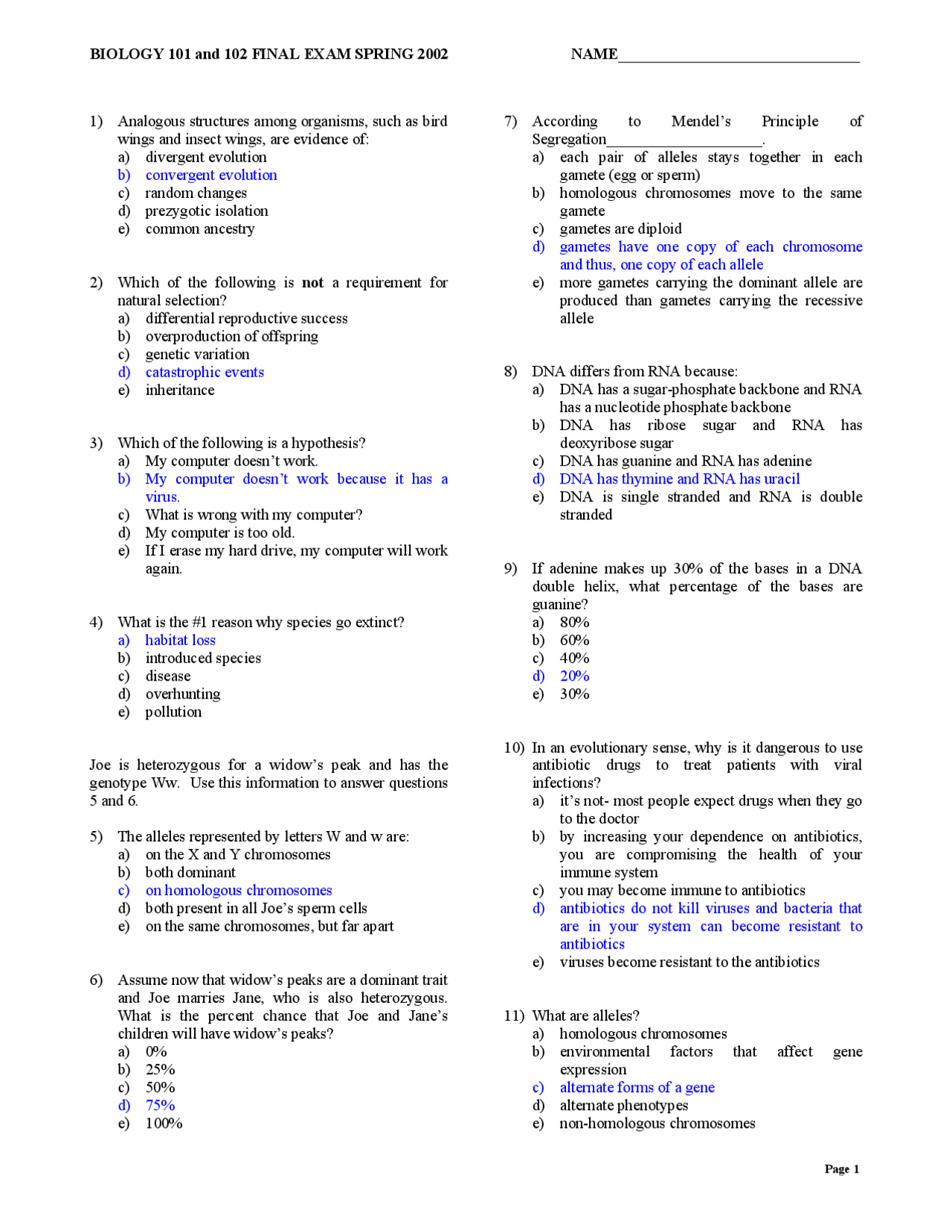 BIOLOGY 101 and 102 FINAL EXAM SPRING 2002 ... | Slides Biology | Docsity