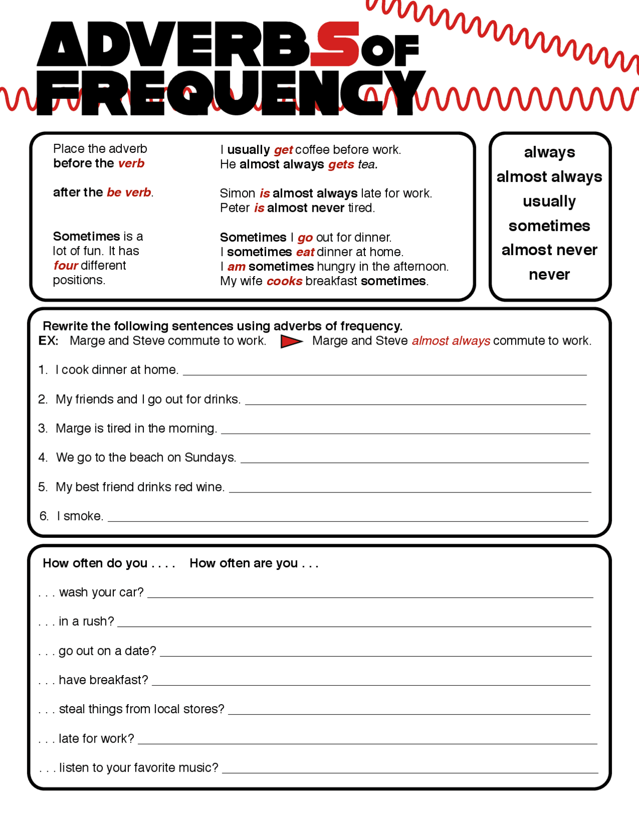Adverbs of Frequency Worksheet | Lecture notes English | Docsity
