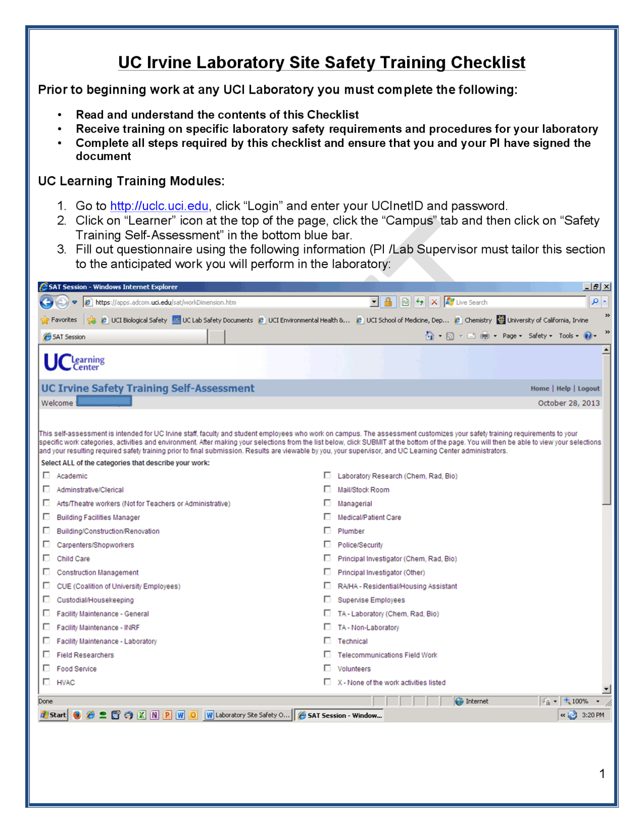 UC Irvine Laboratory Site Safety Training Checklist | Exercises School ...
