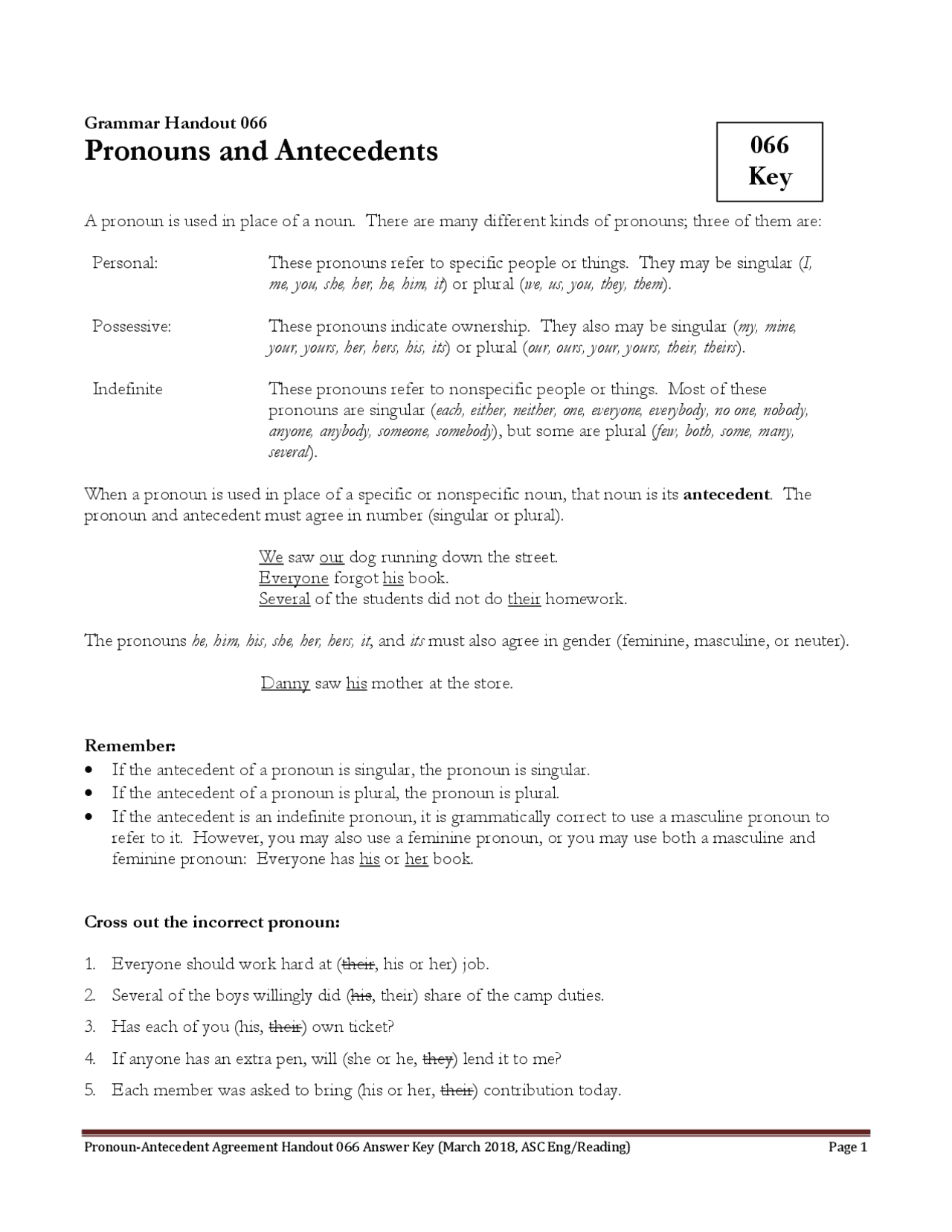 Pronouns and Antecedents - IRSC | Exams Grammar and Composition | Docsity