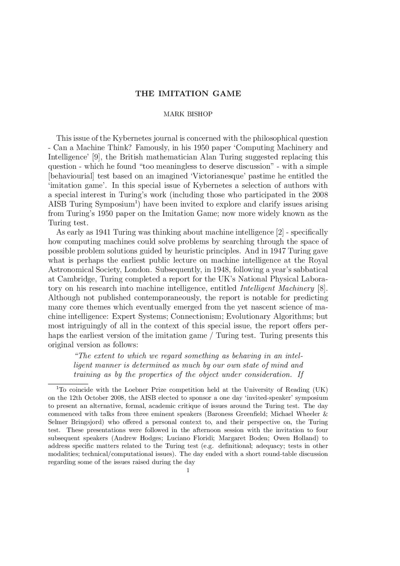 The imitation game - mark bishop | Study notes Game Theory | Docsity