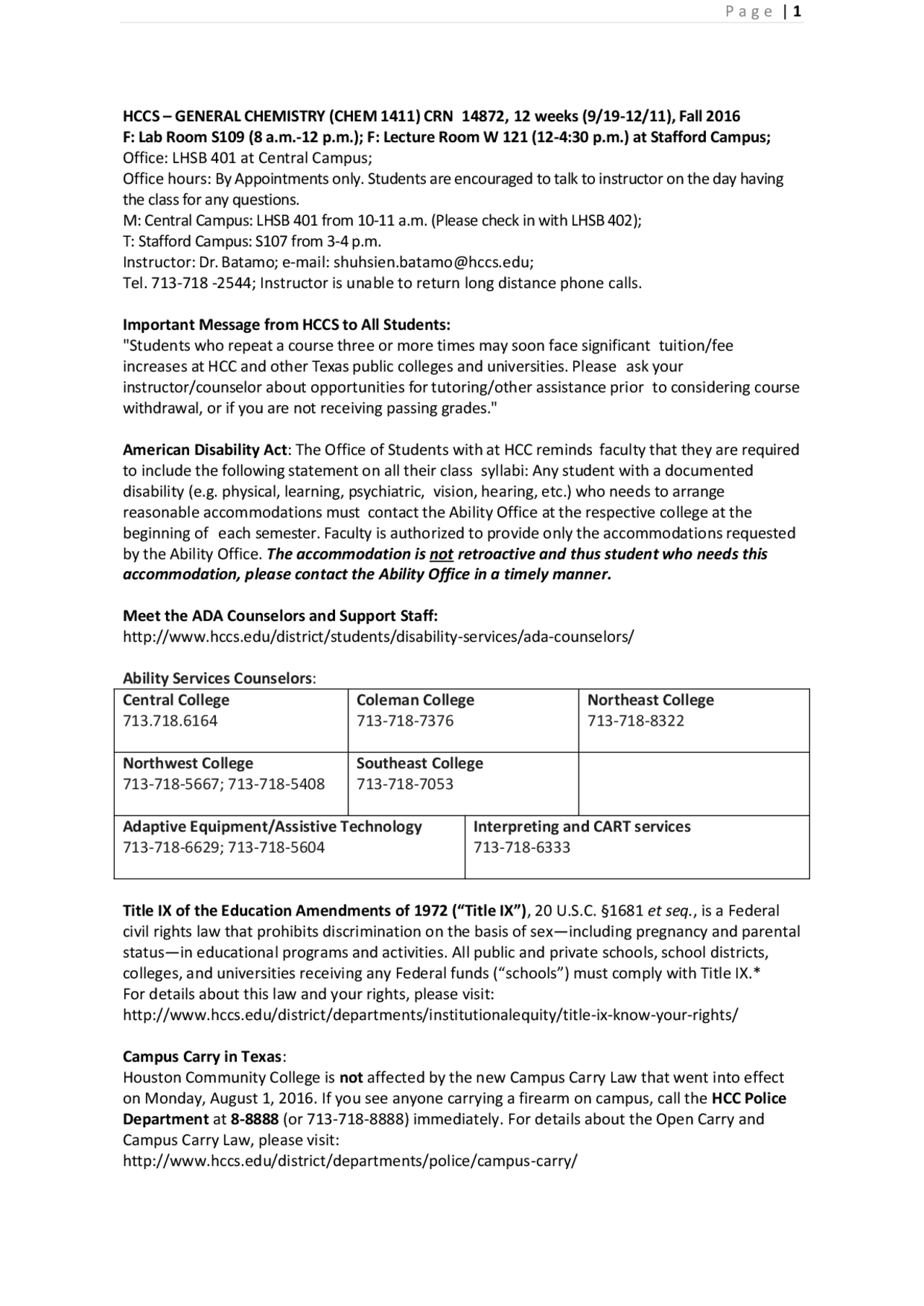 HCC Chemistry Class Syllabus: Important Information and Policies ...