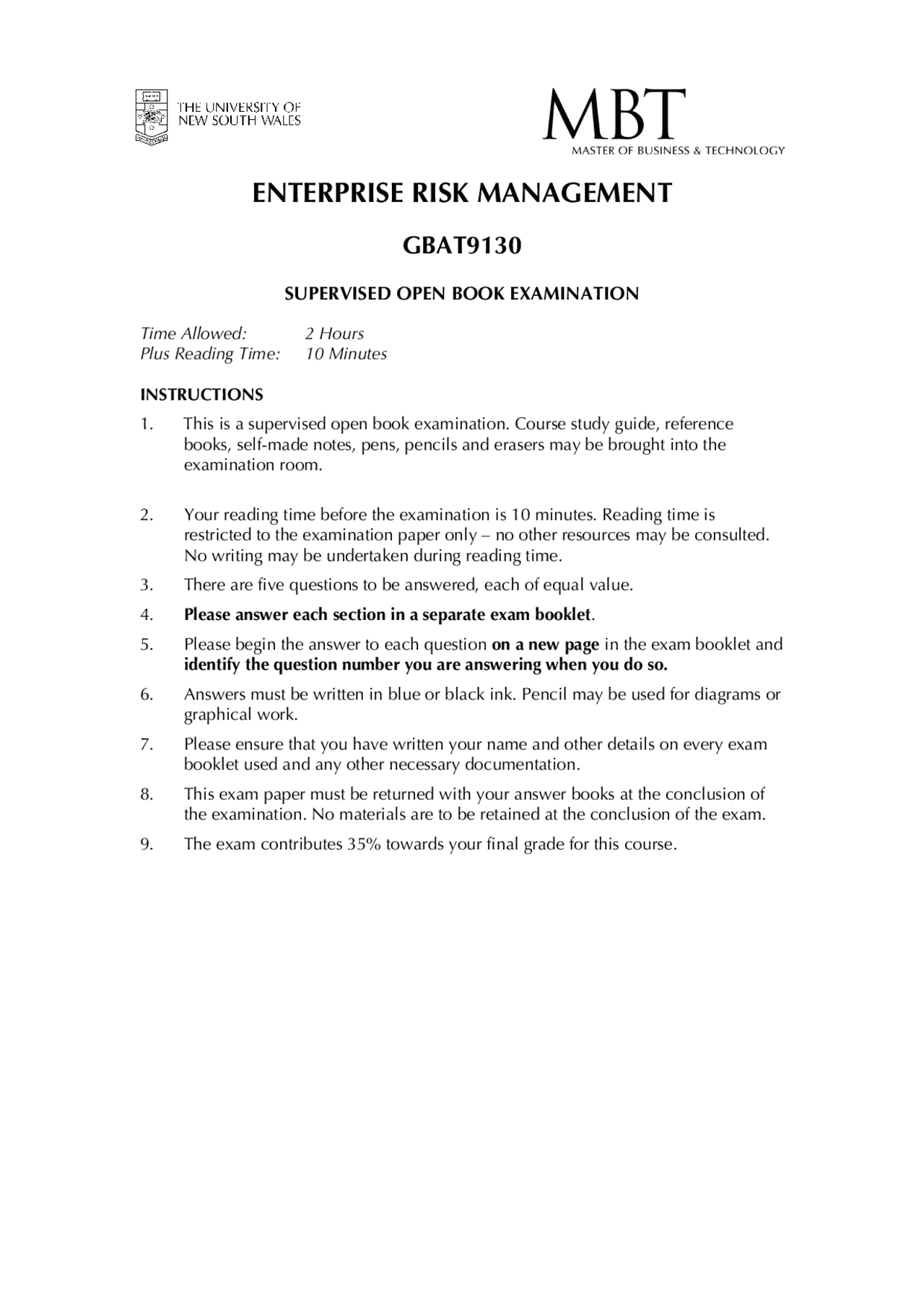 Enterprise Risk Management Lecture Notes Risk Analysis Docsity