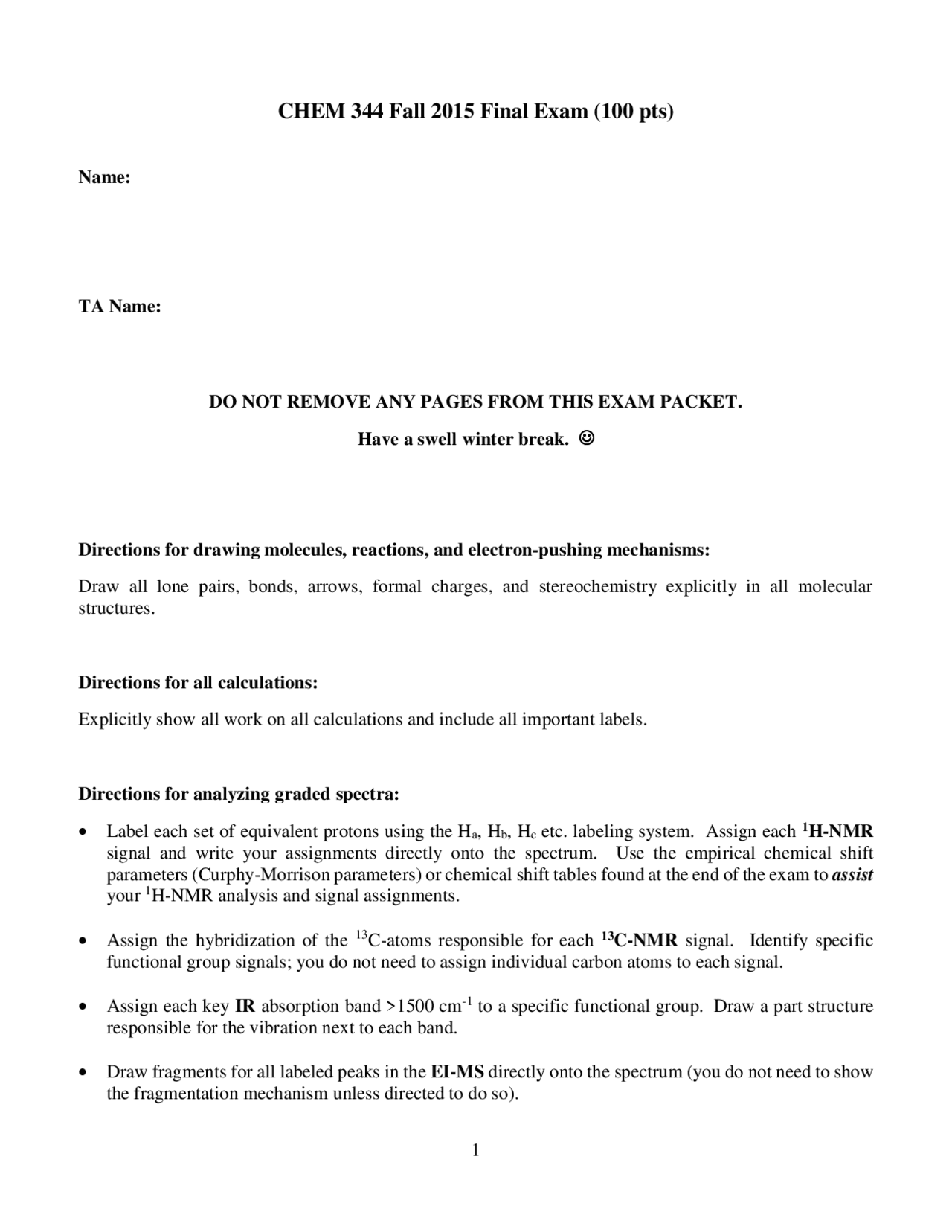 CHEM 344 Fall 2015 Final Exam (100 pts) | Study notes Chemistry | Docsity