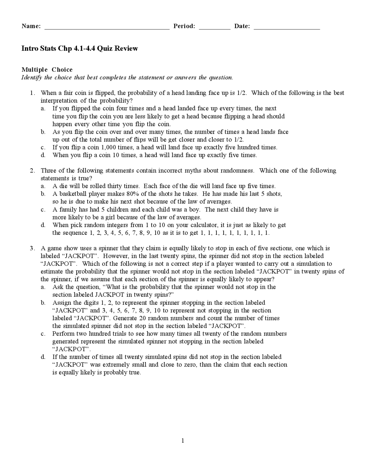 Intro Stats Chp 4 1 4 4 Quiz Review Lecture Notes Statistics Docsity