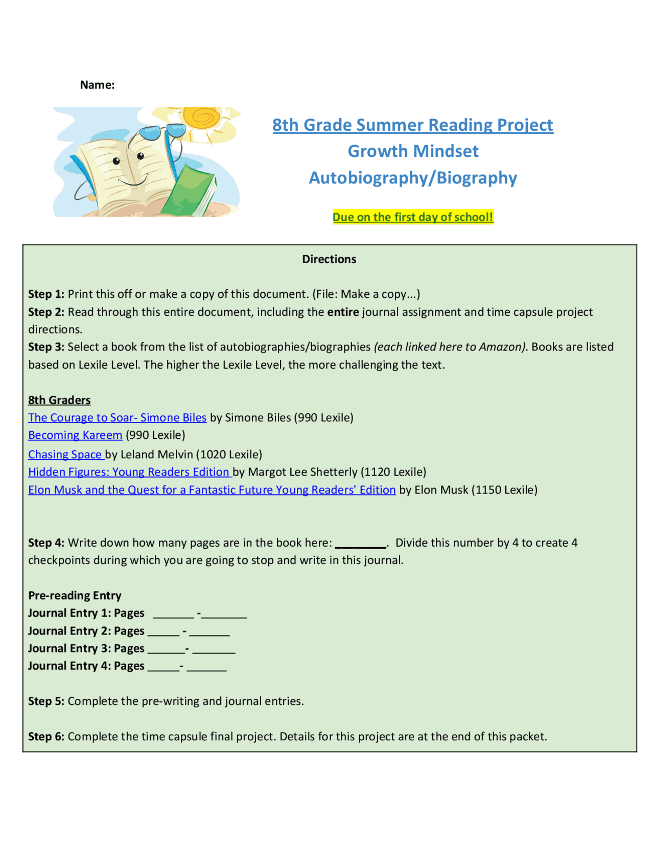 8th Grade Summer Reading Project Growth Mindset ... | Lecture notes ...