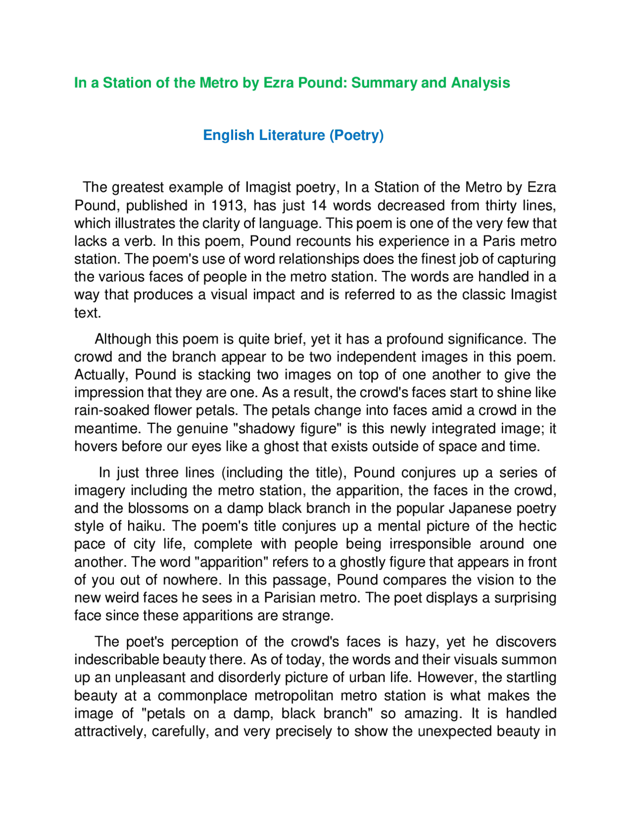 In a Station of the Metro by Ezra Pound: Summary and Analysis English ...