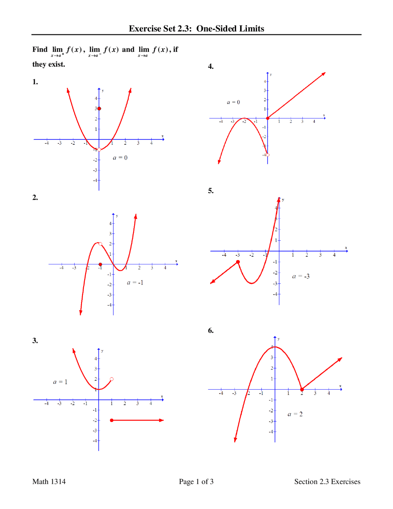 Exercise Set 23 One Sided Limits Exams Calculus Docsity