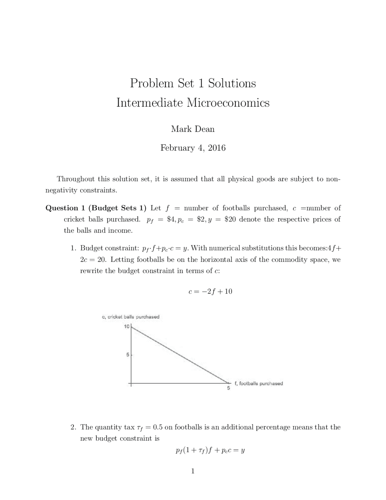 Problem Set 1 Solutions Intermediate Microeconomics | Exams Microeconomics | Docsity