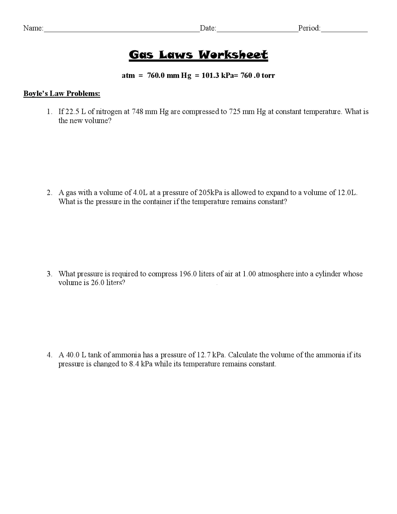 Gas Laws Worksheet answer key | Summaries Law | Docsity