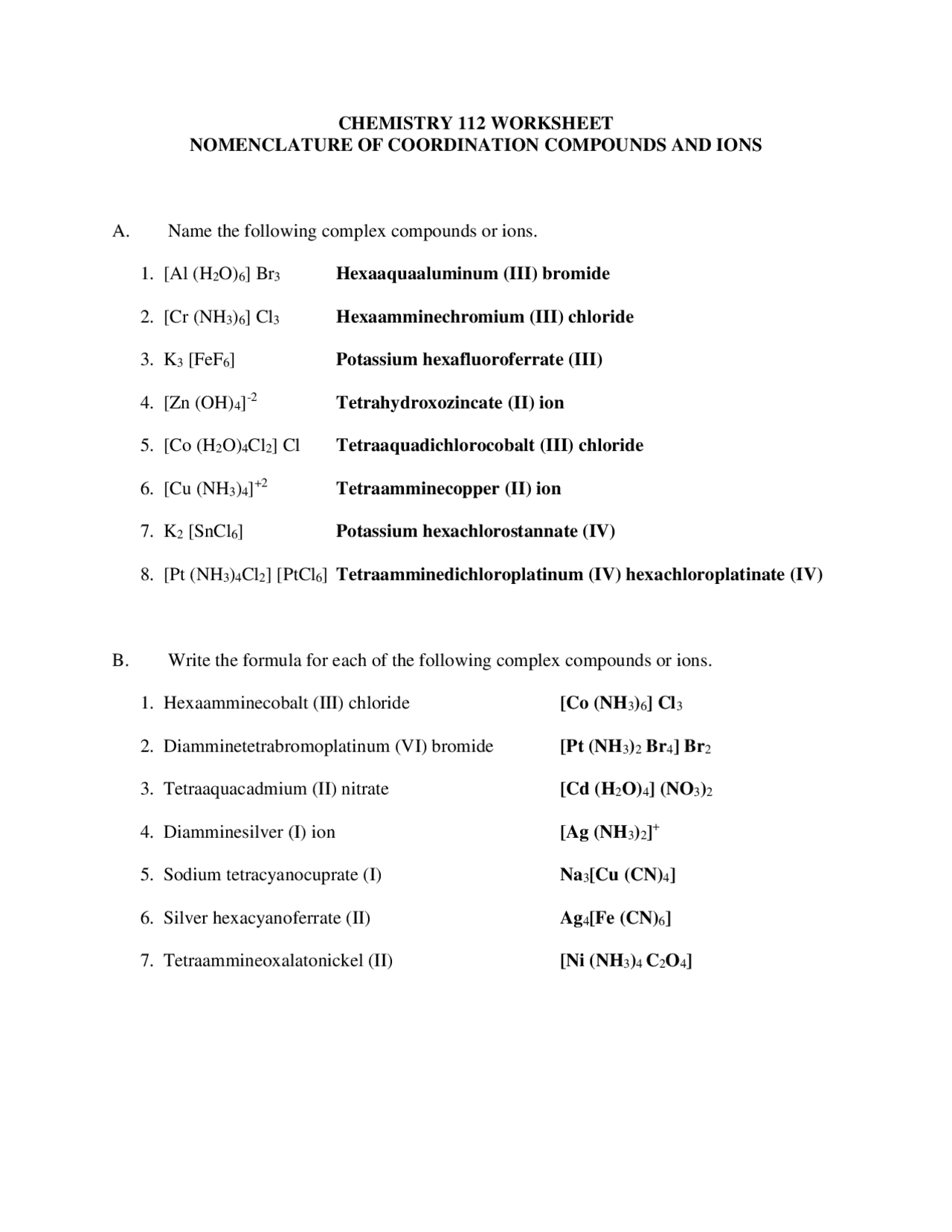 CHEMISTRY 112 WORKSHEET | Schemes and Mind Maps Chemistry | Docsity
