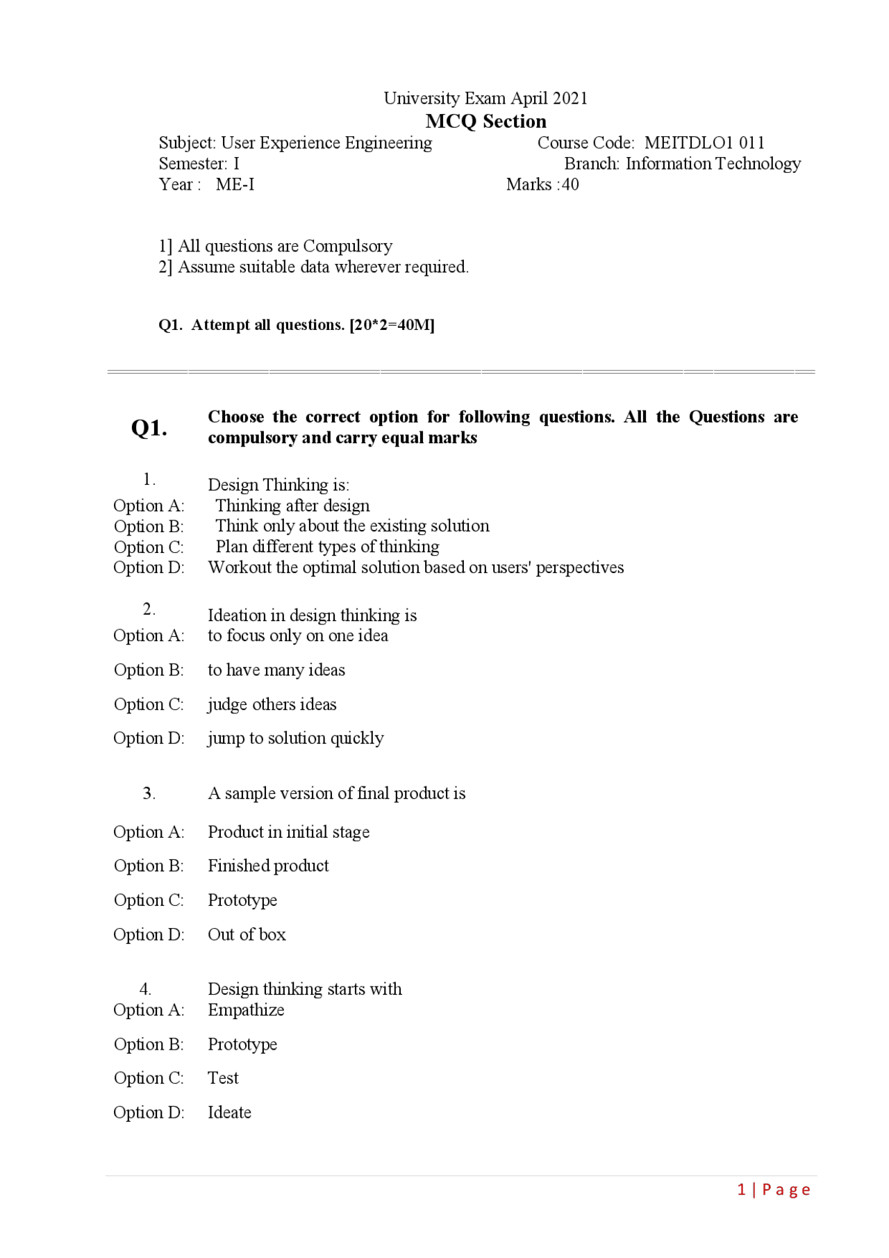 MCQ Section | Exercises Design | Docsity