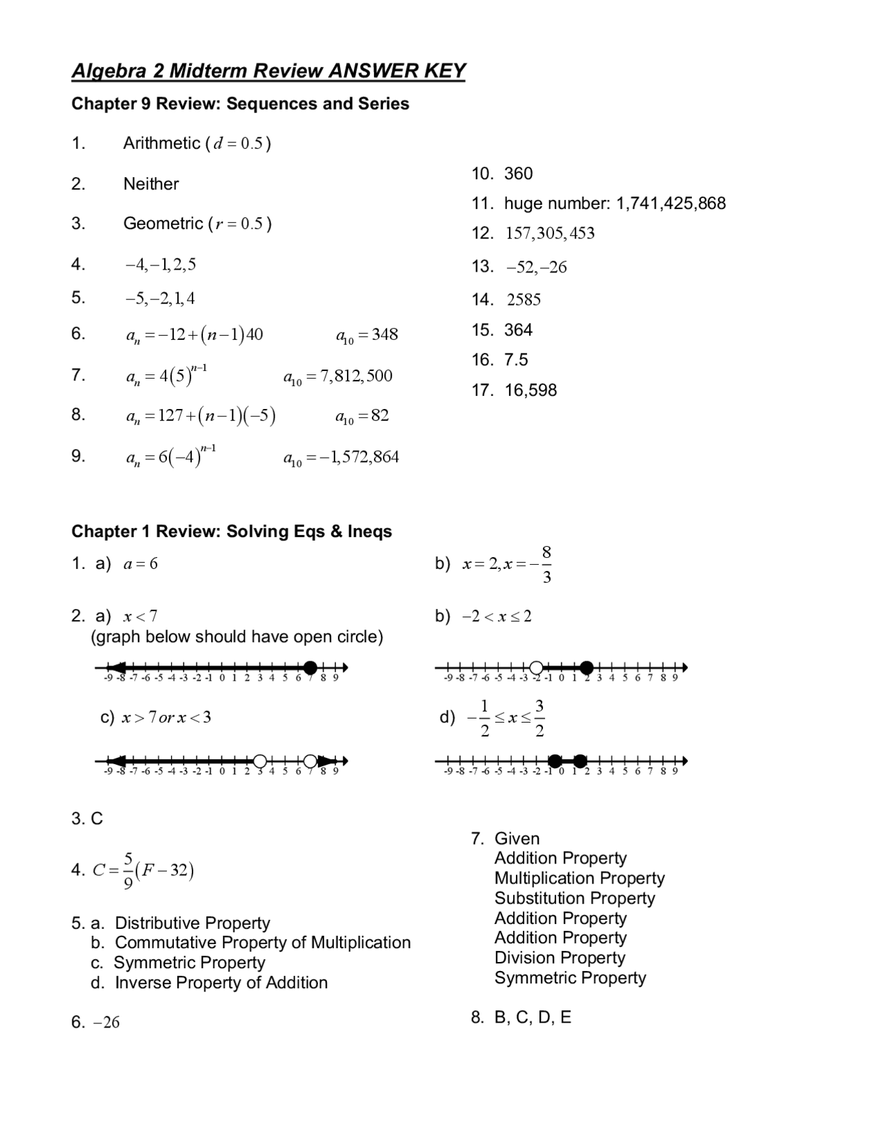Algebra 2 Midterm Review ANSWER KEY | Slides Algebra | Docsity