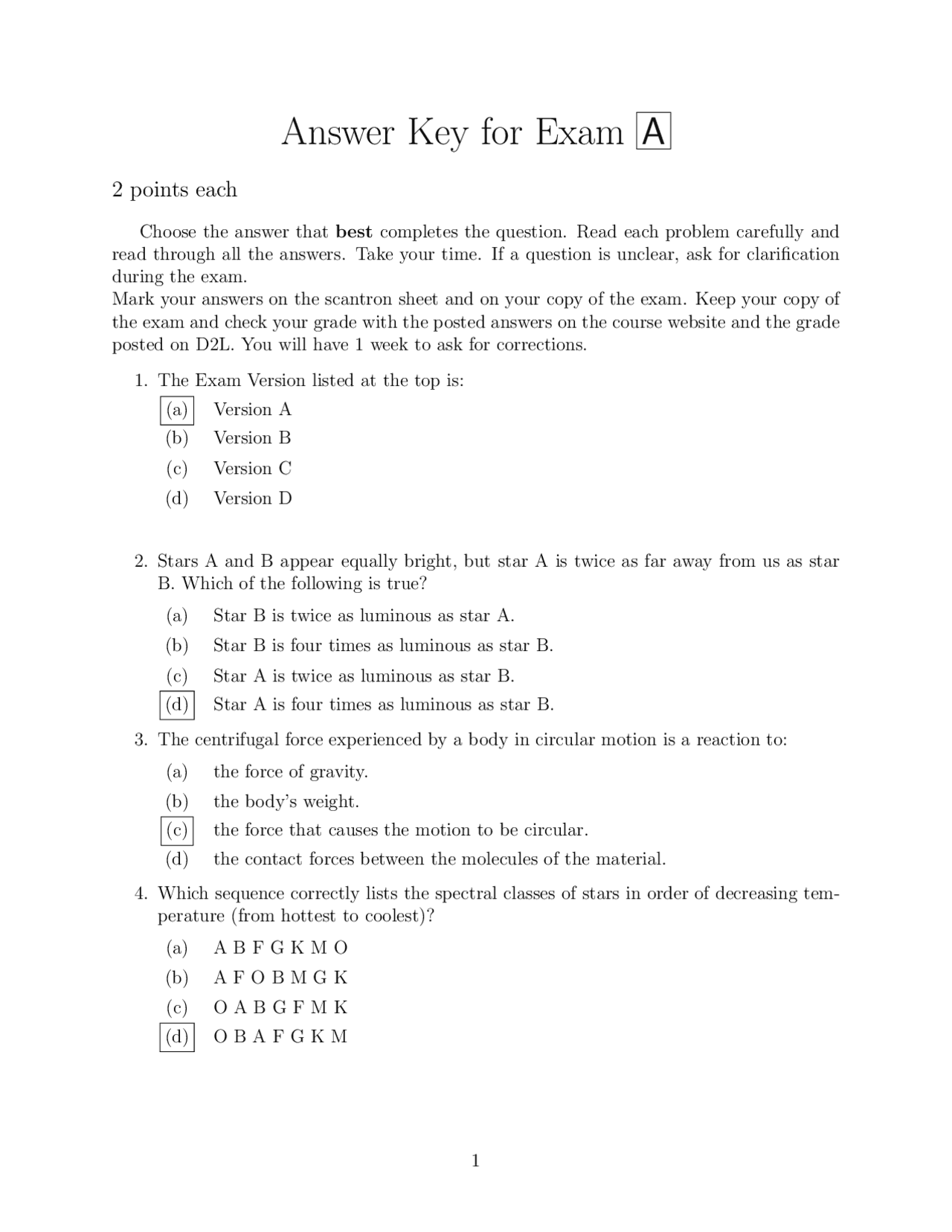 Answer Key for Exam A | Lecture notes Astronomy | Docsity